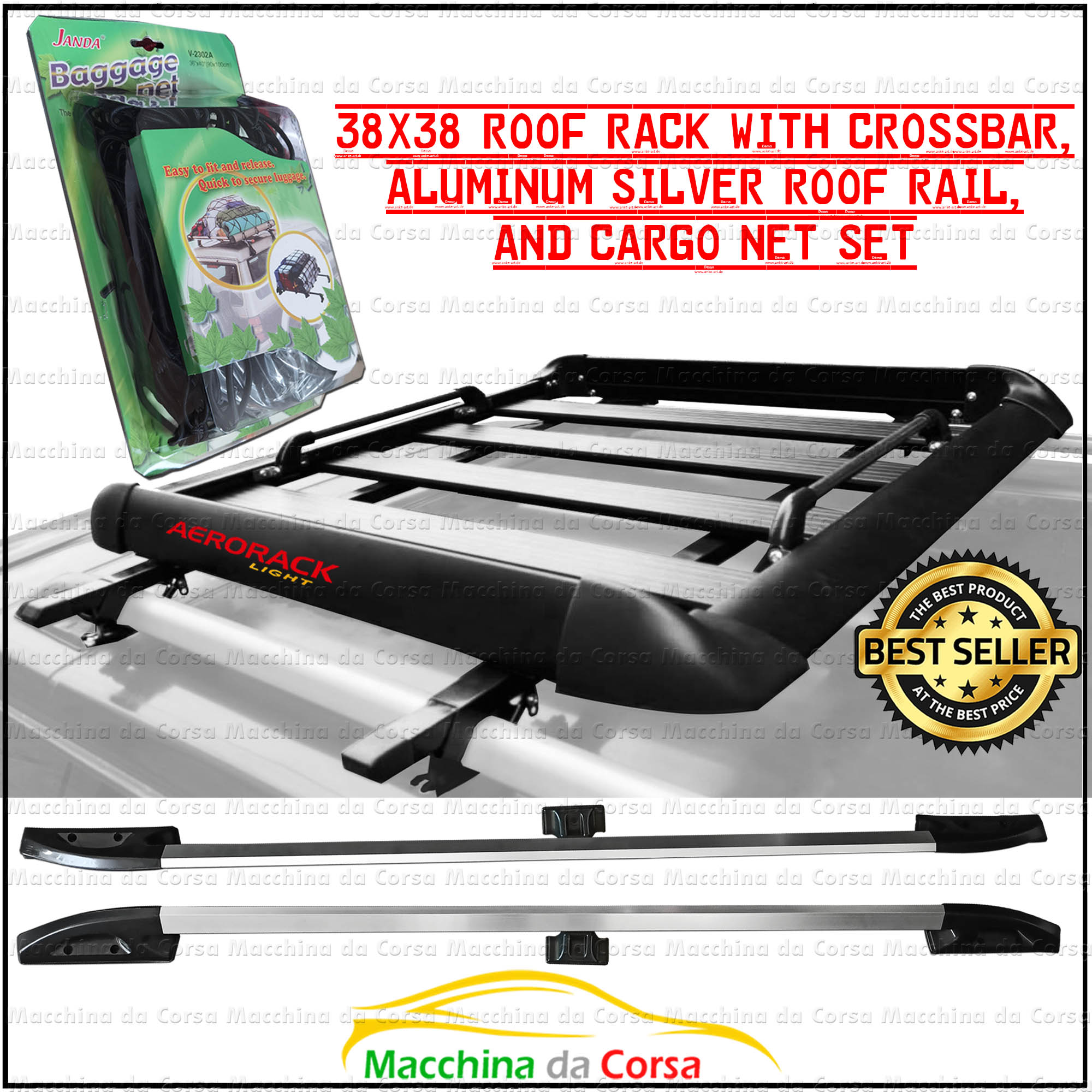 Aerorack 2nd Logo Black Roof Rack Basket 38x38 and Clamp to Roof Rail ...