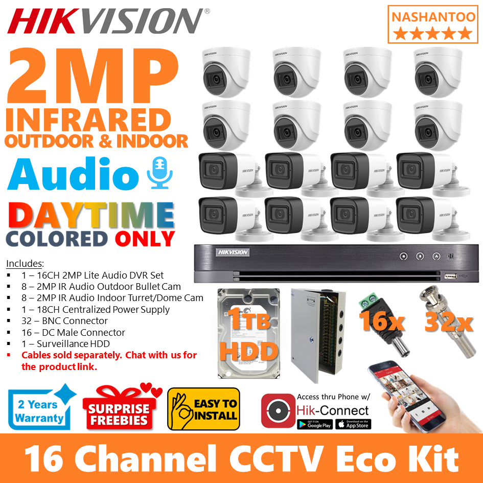 HIKVISION 16 Channel 2MP 16Cameras (8 Outdoor Bullet, 8 Indoor Turret ...
