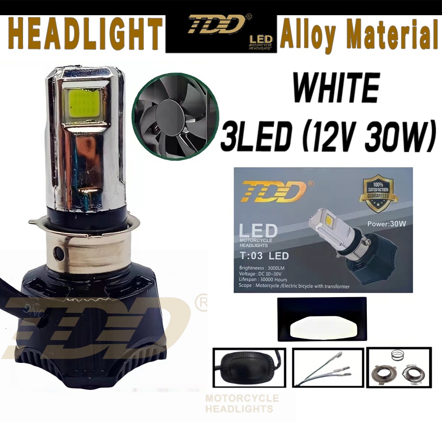TDD Original 3LED (12V 30W) WHITE MOTORCYCLE HEADLIGHT Alloy material ...