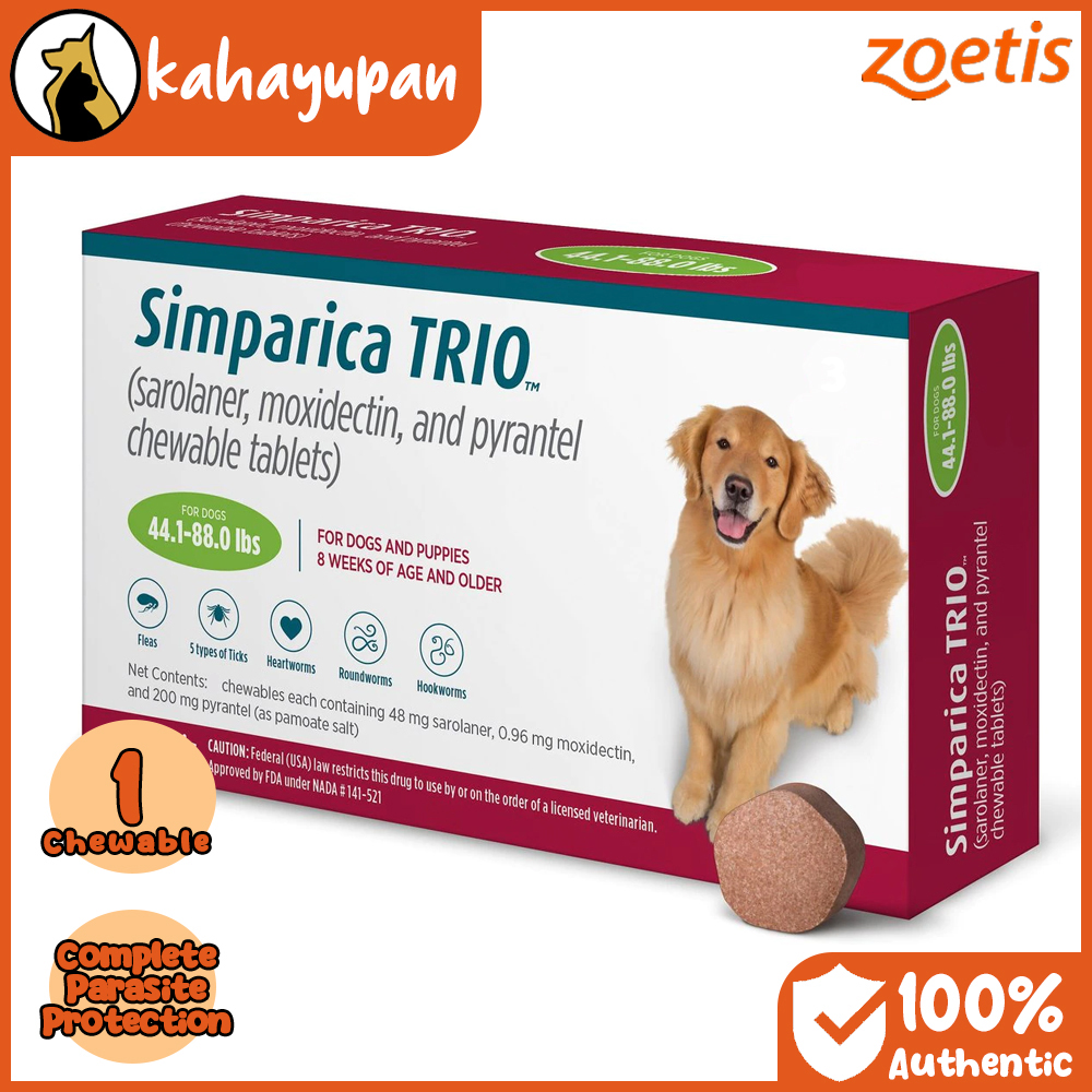 Simparica TRIO Single Anti Tick, Flea, Mange, Heartworm and Dewormer for 20-40kg Dogs (1 ...