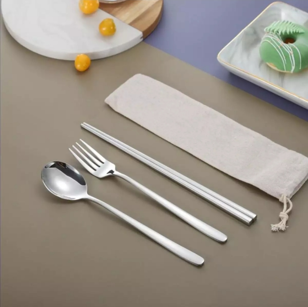 3IN1 Korean Creative Metal Cutlery Set Chopsticks Spoon Fork Kitchen ...