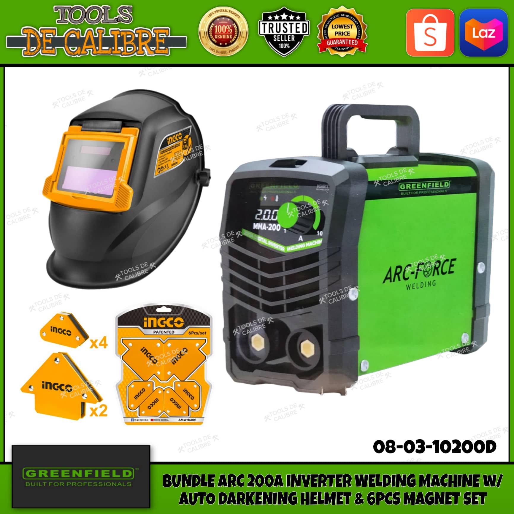 GREENFIELD 200A ARC Welding Machine w/ Auto Dark Welding Helmet & 6Pcs ...