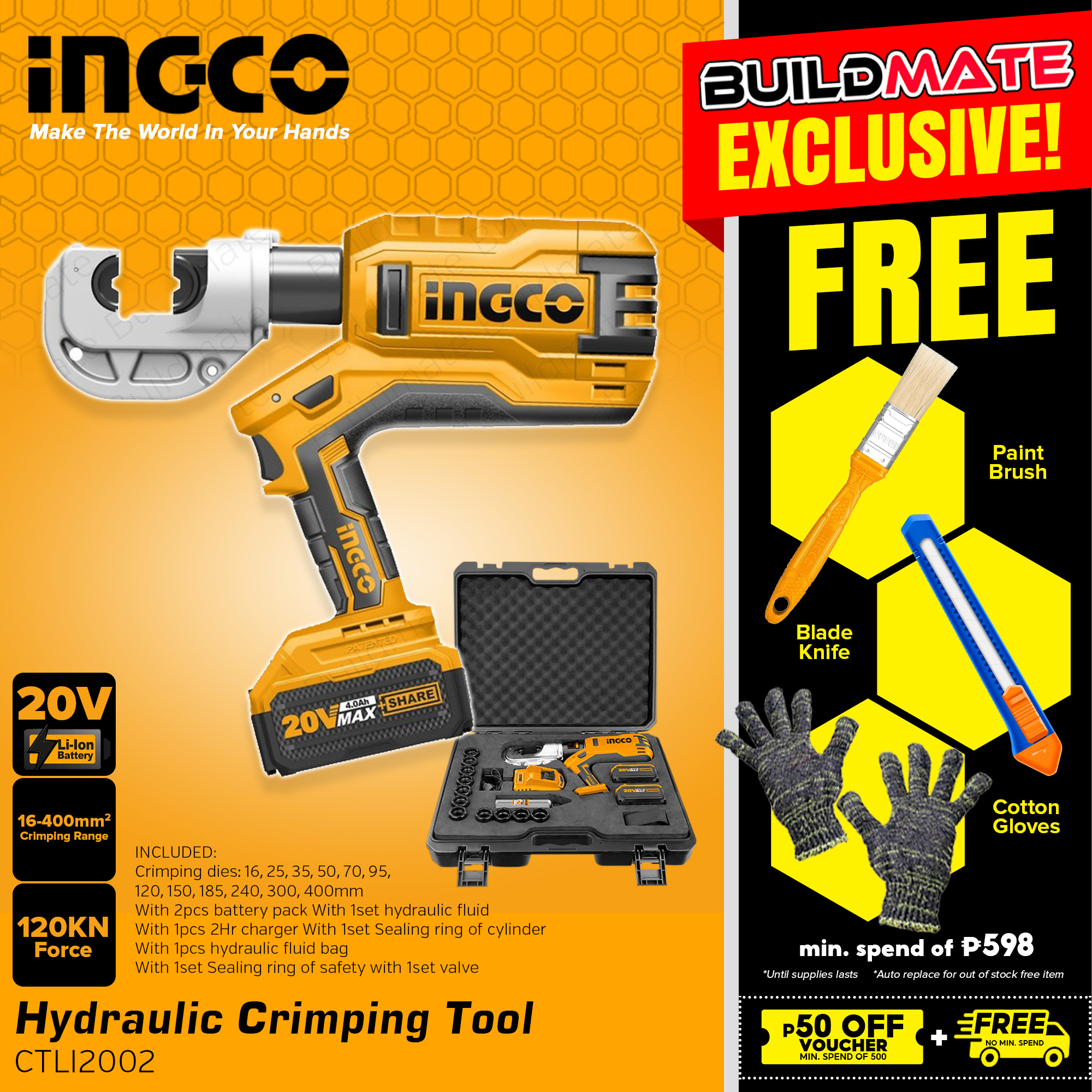 INGCO Hydraulic Crimping Tool 20V CTLI2002 POWERSHARE - BUILDMATE ...