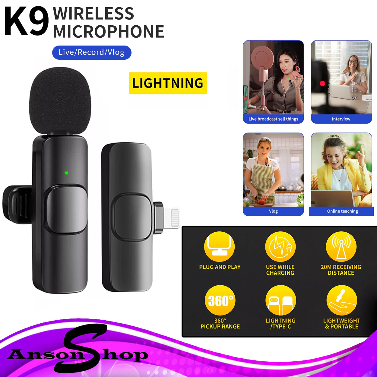 K9 Mini Wireless Lapel Microphone With Lightning/Type-C Port for Phone ...