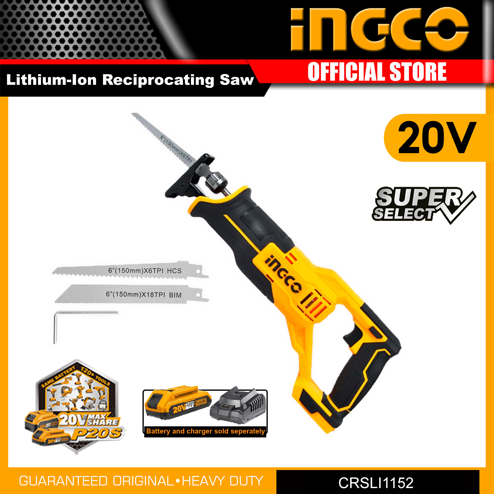 Ingco 20VLithium-Ion Cordless Reciprocating Saw 2Stroke Motor with ...