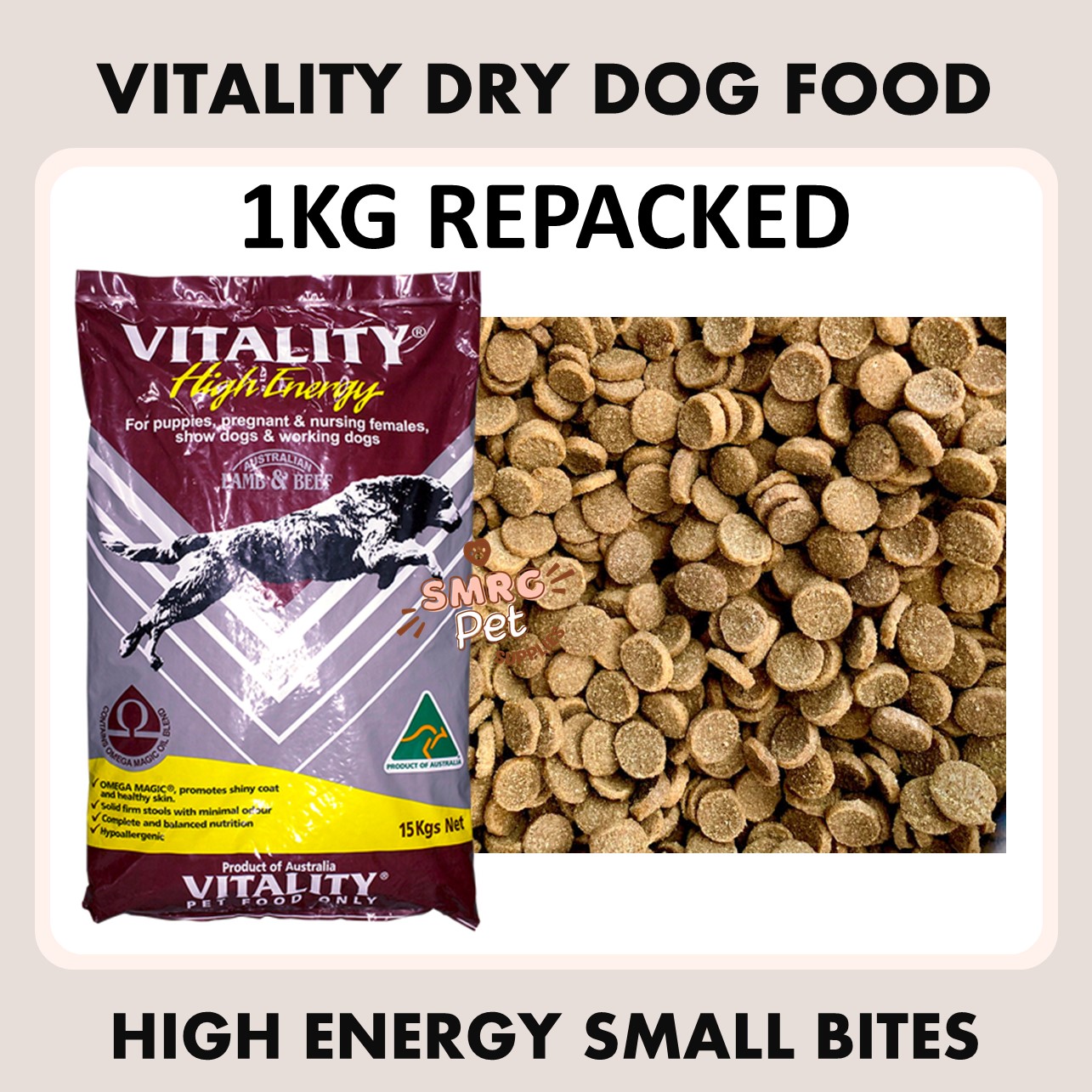 Vitality Dry Dog Food Classic High Energy Small Bites Large Bites 1kg ...