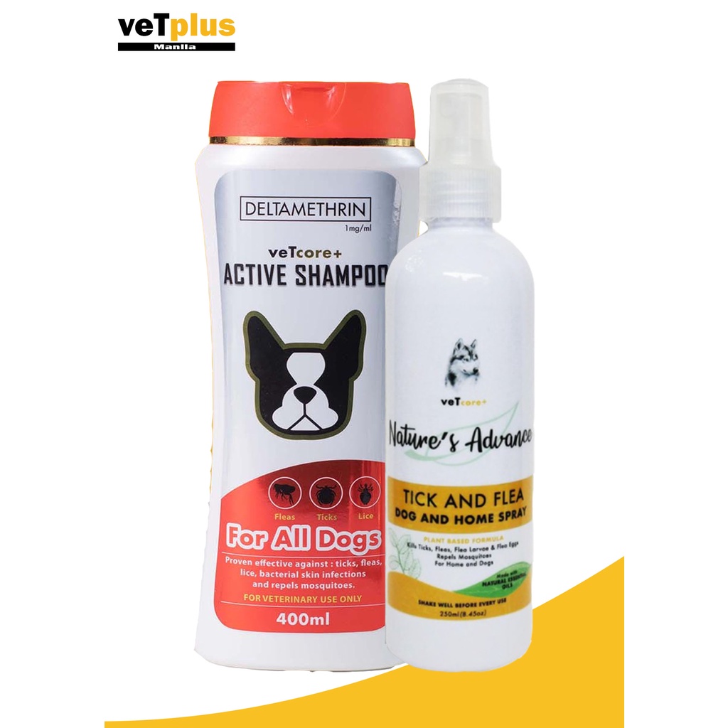 ♗Vet Core+ Active Dog Shampoo (Deltamethrin) 400ml with Tick Flea Spray ...