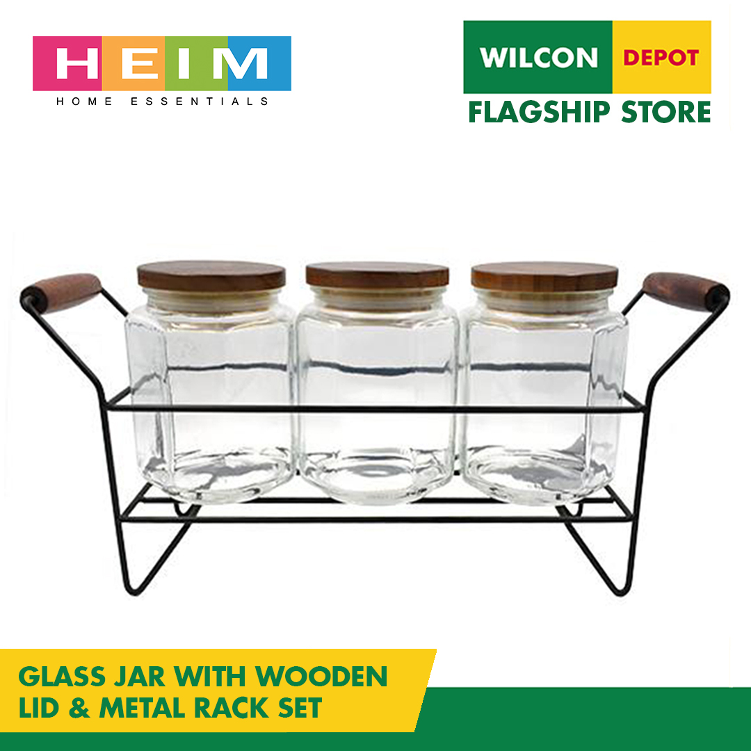 HEIM Glass Jars with Wooden Lid & Metal Rack Set ZTP 339386 3PC by ...