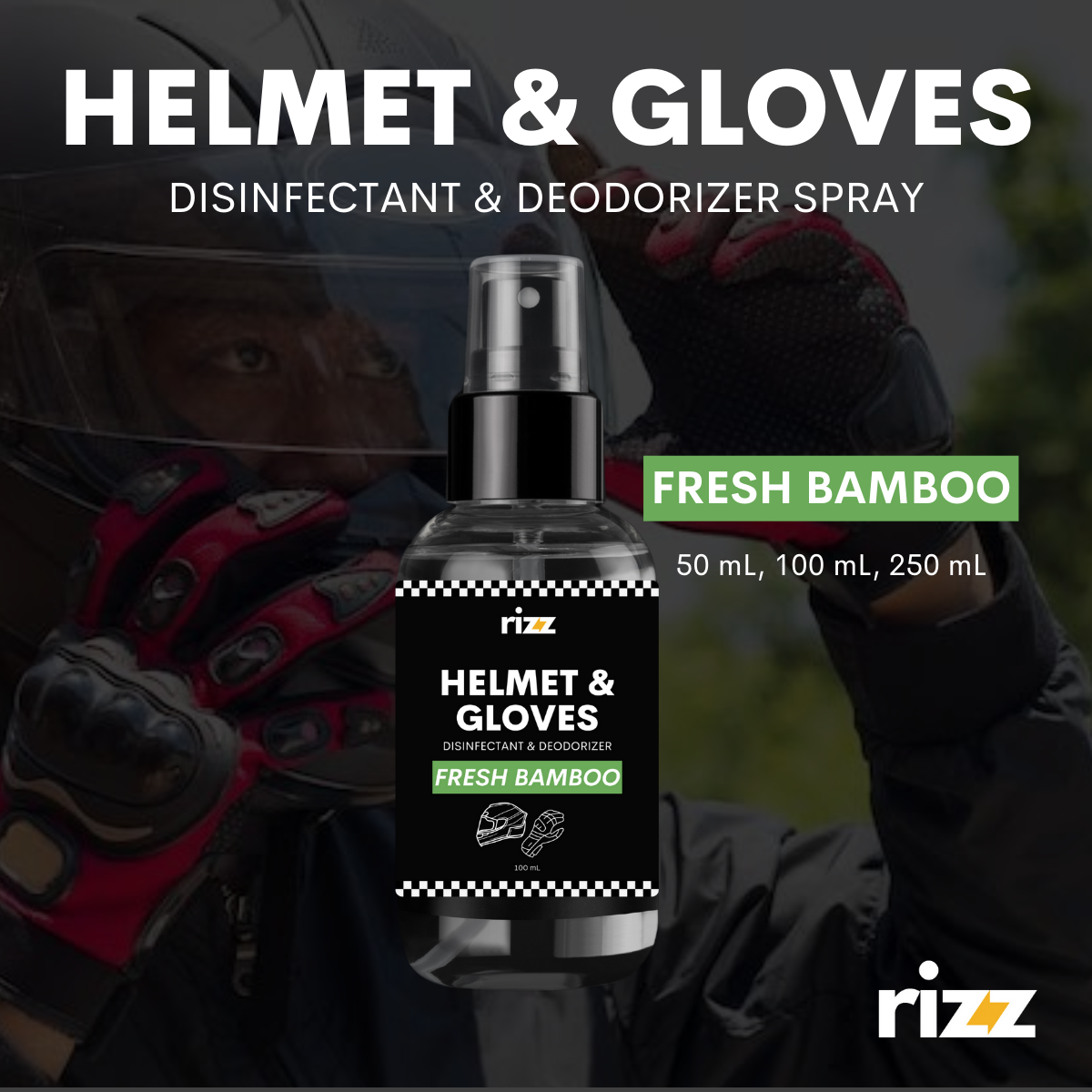 Rizz | Odor Eliminator Anti-Bacterial Helmet Spray, Freshener, Helmet ...