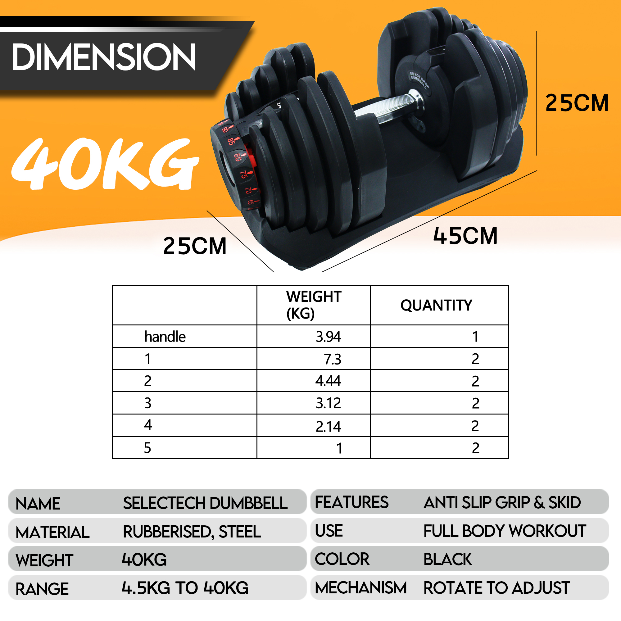 Adjustable Dumbbell 24 kg/52.8 lbs with 21.5increments from 2.5-24 kg ...
