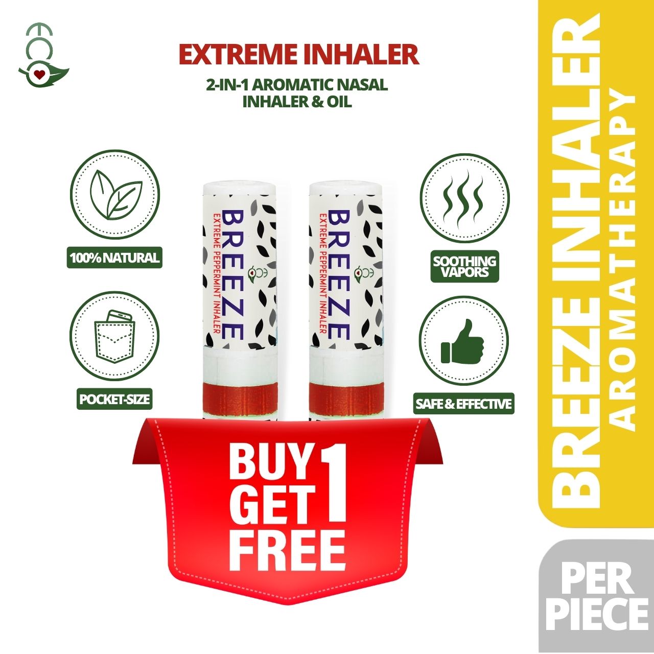 Buy 1 Take 1 Eco Natural Breeze EXTREME Oil Aromatherapy Nasal Inhaler ...