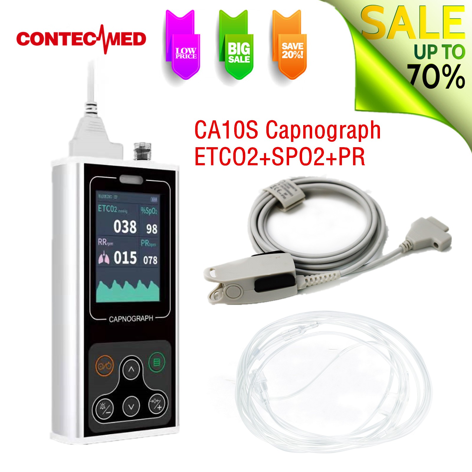 ContecMed CA10S Sidestream Capnograph EtCO2 RESP SpO2 PR CO2 Tester ...