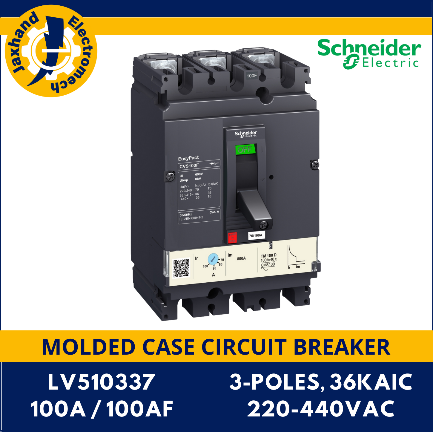 Schneider Molded Case Circuit Breaker 100A, 3-Poles, 36KAIC, 220V ...
