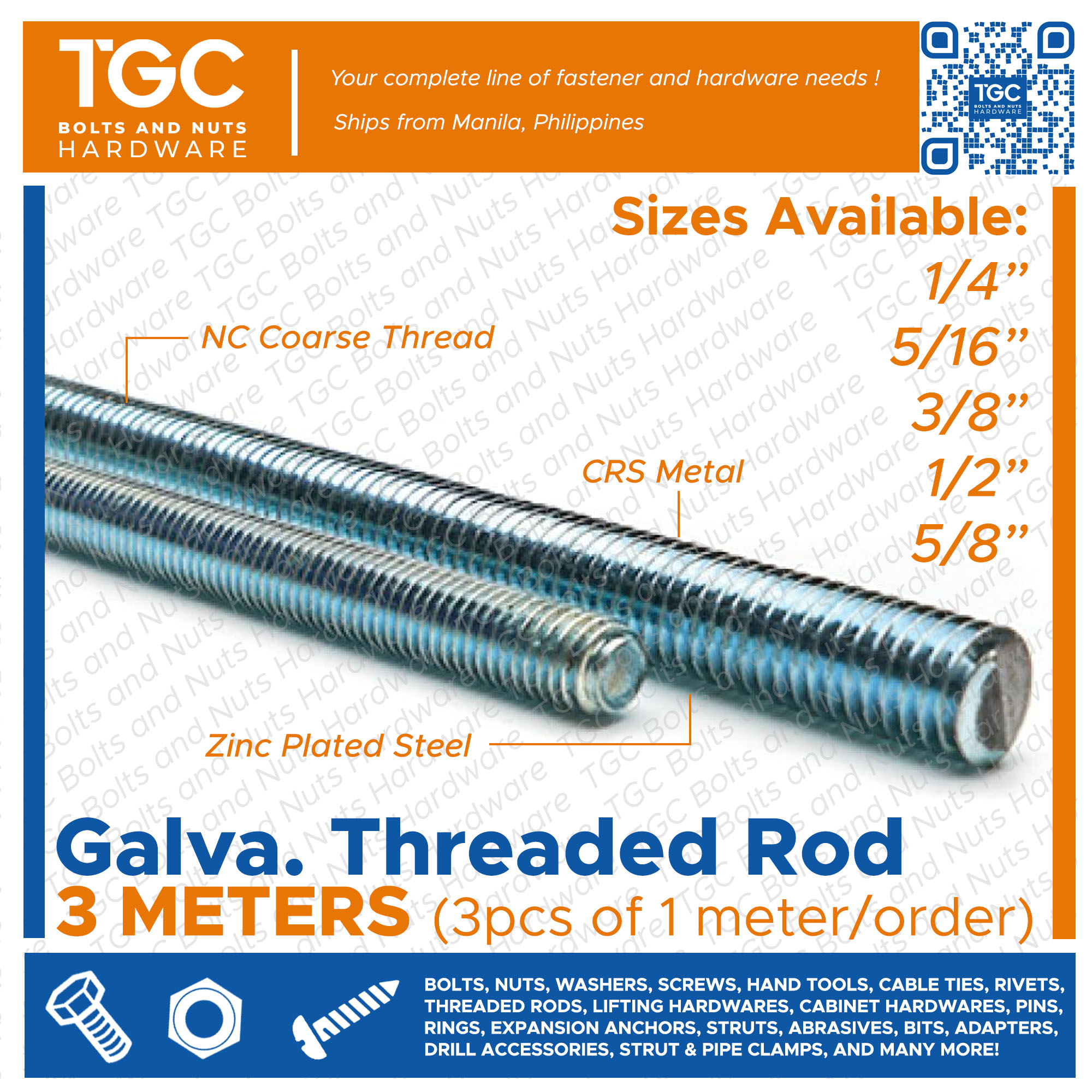 TGC GI Fully Threaded Rod 1/4 5/16 3/8 1/2 5/8 X 3 Meters ( 3pcs Of 1 ...