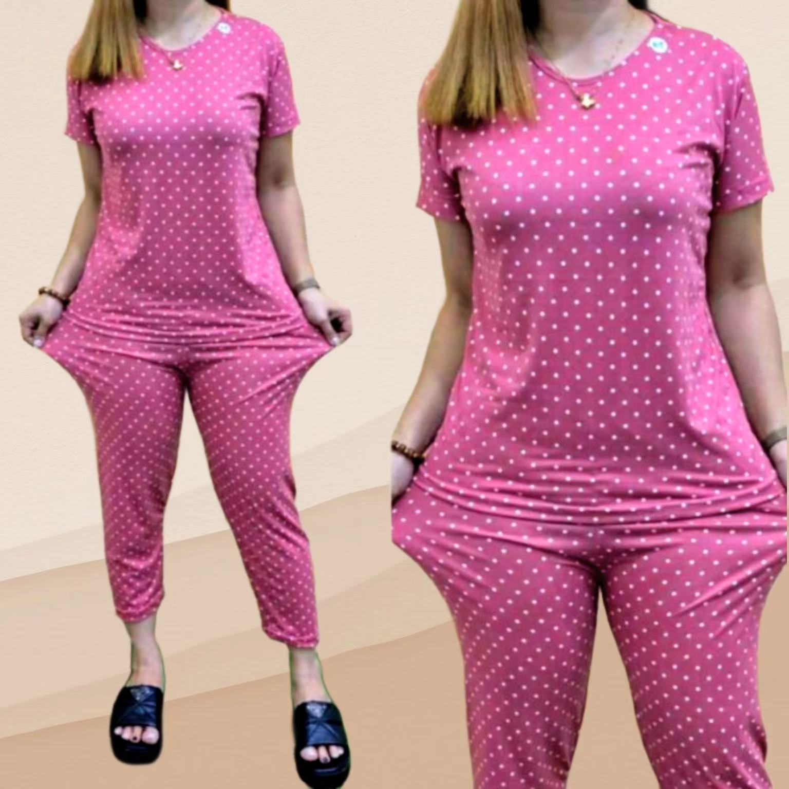T-shirt Terno Panjama Pants Polka Dotted Sleepwear Set For Adults (Freesize fit up to Large ...