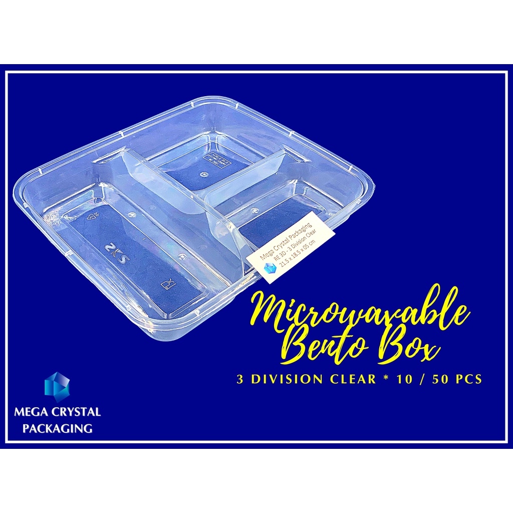 [ 10 / 50 Pcs. ] Microwavable Plastic Containers Rectangular 3 Division ...