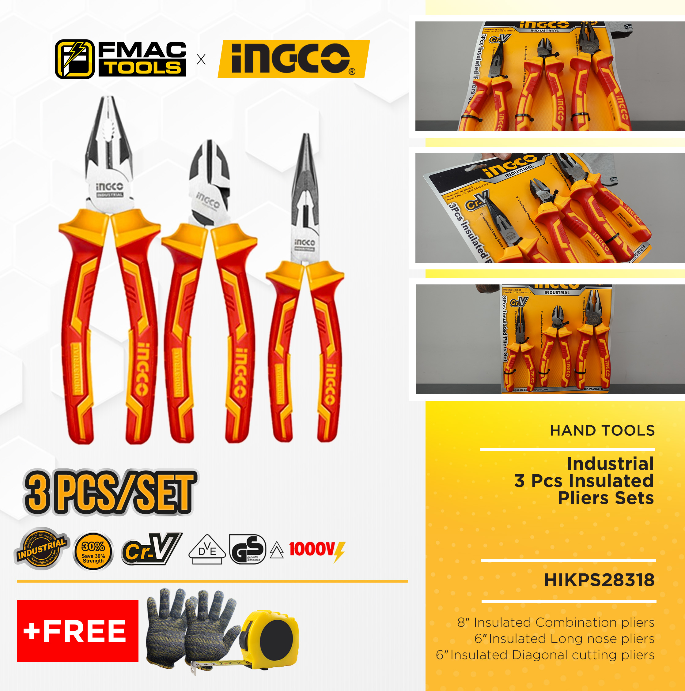 INGCO Industrial 3 Pcs Insulated Pliers Sets HIKPS28318 + FREEBIES FMAC ...