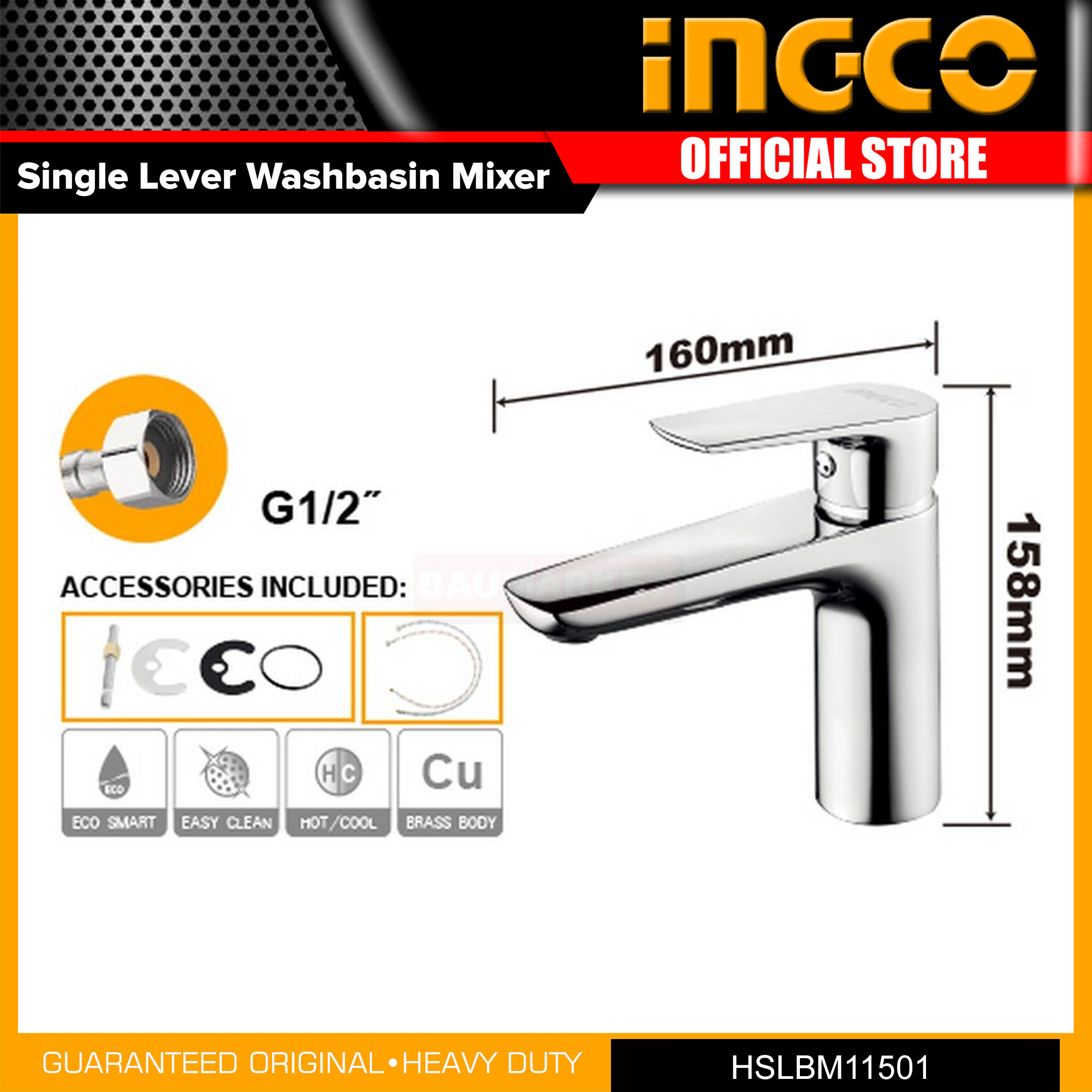 INGCO HSLBM11501 Single Lever Washbasin Mixer Lavatory, Kitchen Sink ...