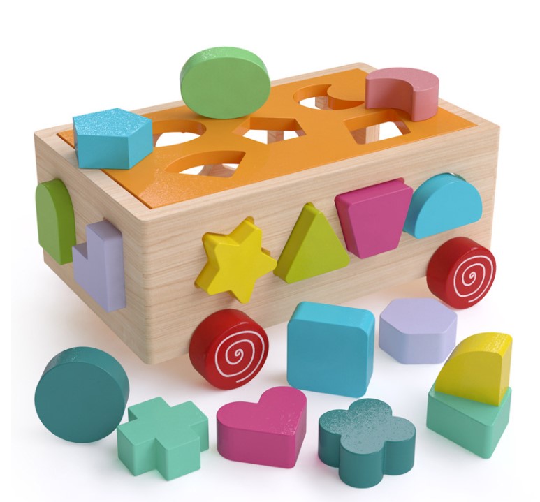 wooden colorful 17 pcs geometric shape sorter with wheels | Lazada PH