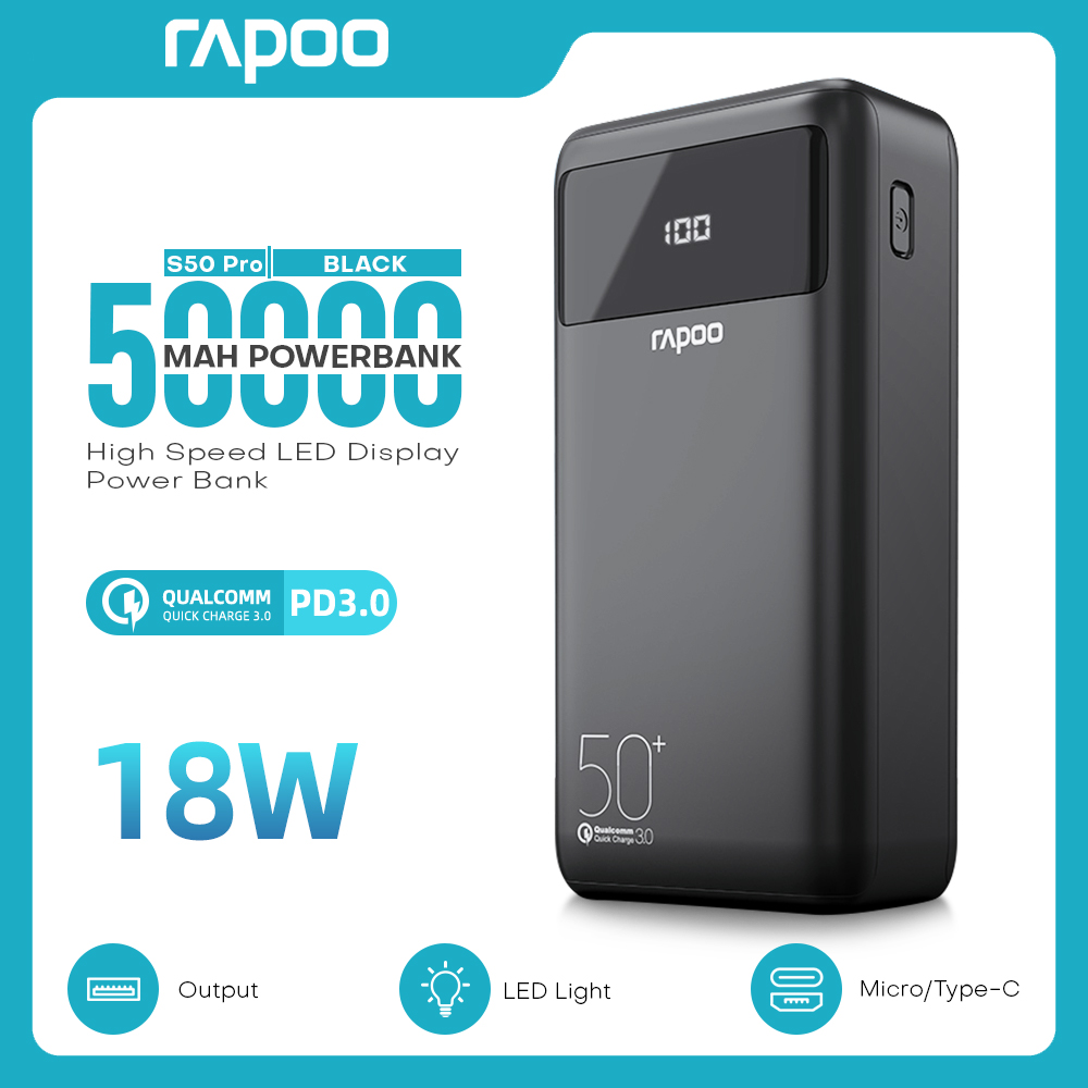 Rapoo S50 Pro 50000mAh Power Bank 18W PD QC3.0 Fast Charging Powerbank ...