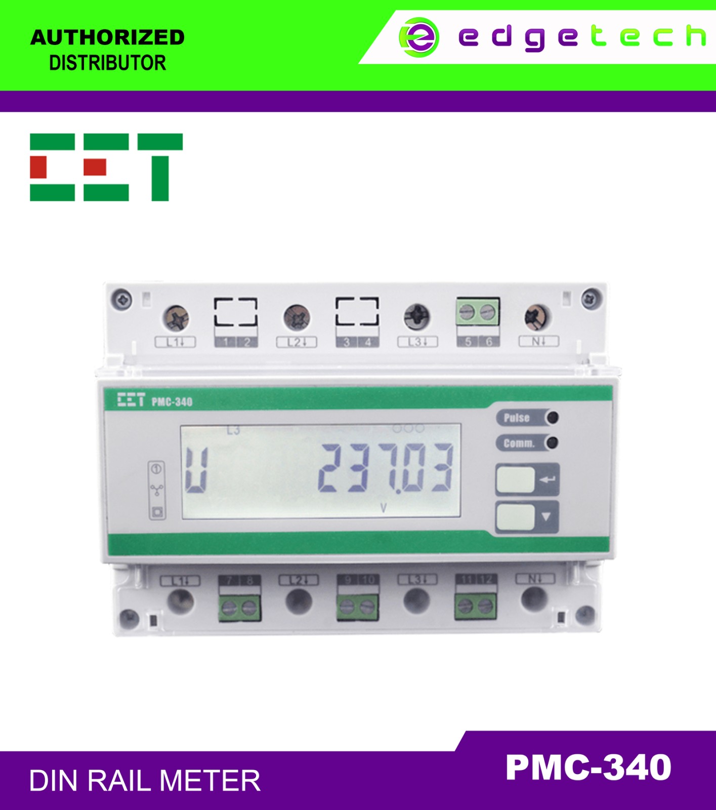 PMC-340, CET DIGITAL THREE PHASE ENERGY METER, DIN RAIL MOUNT, 100A DIRECT INPUT AND 5A CT INPUT ...