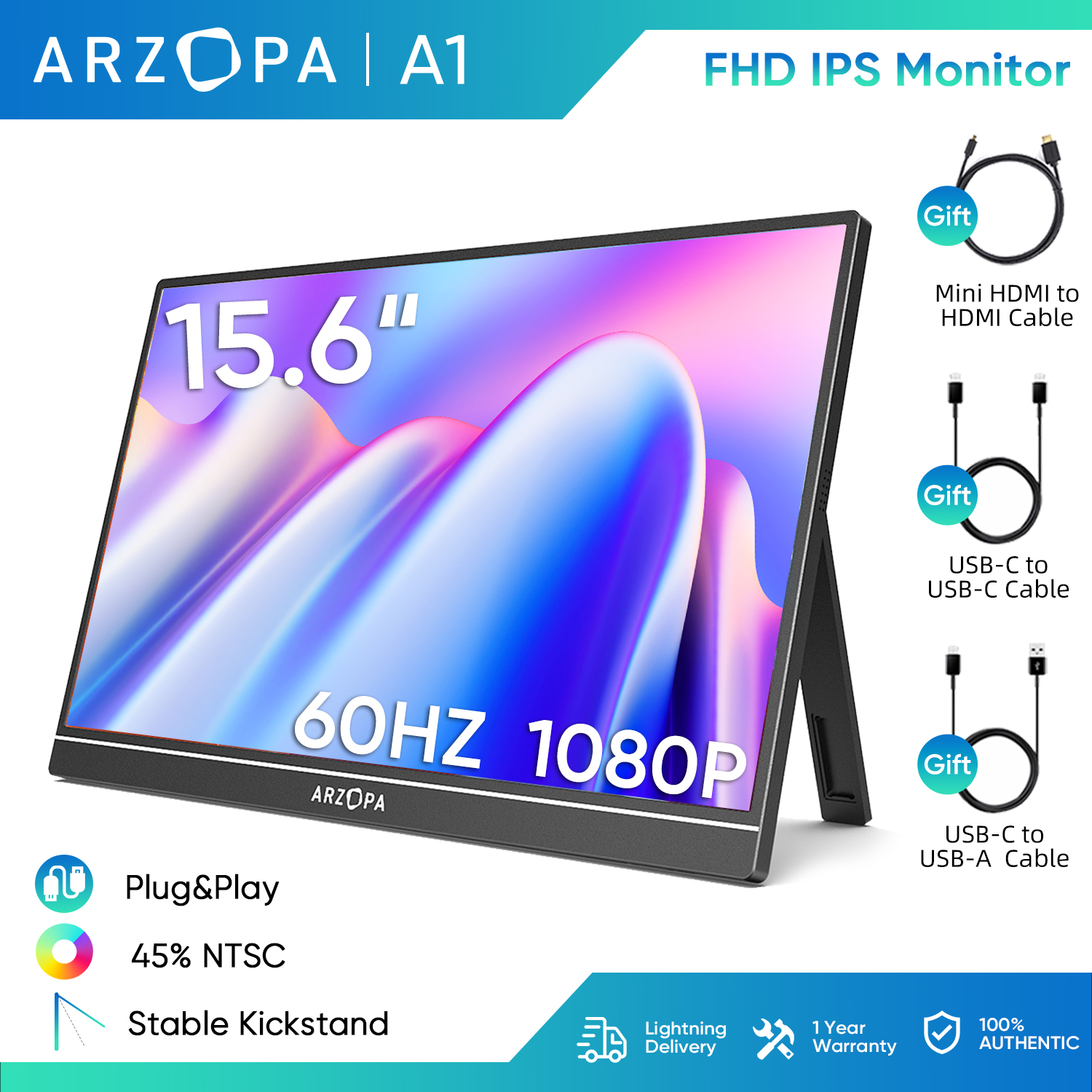 ARZ0PA A1-15.6'60Hz Kickstand PortableGaming Monitor, 1080P FHD with ...