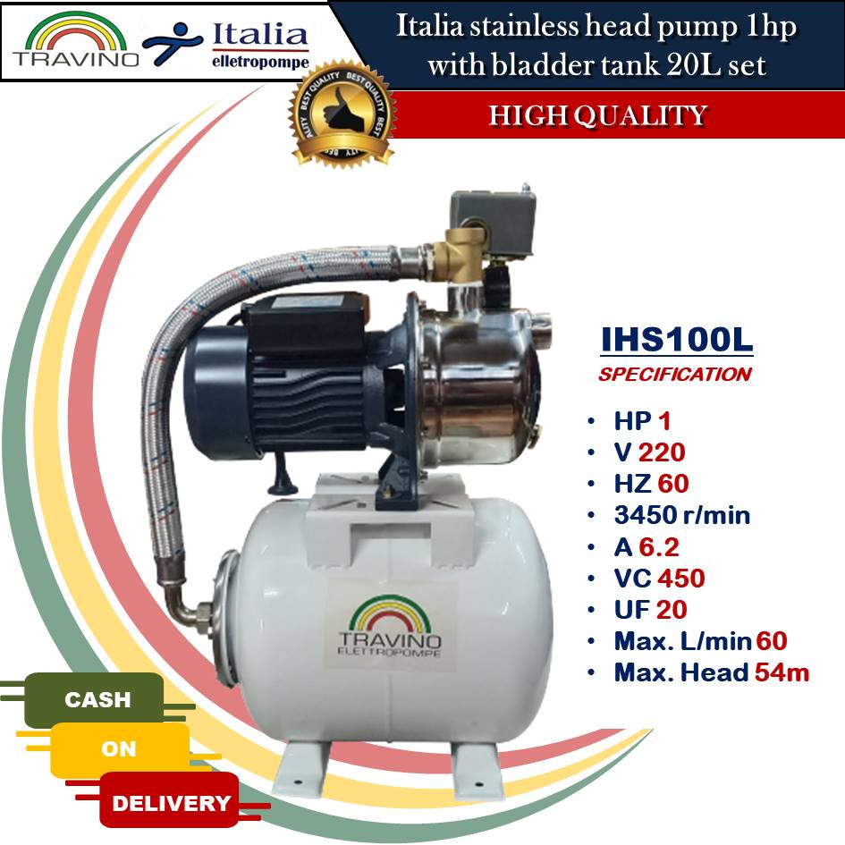 ITALIA CAVALIER Water Pump 1HP Stainless Head with TRAVINO 20L Bladder ...