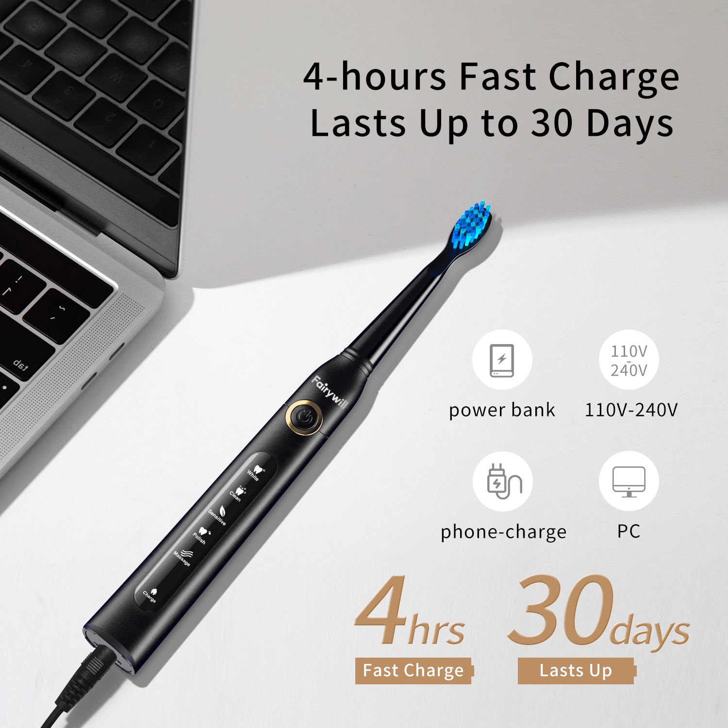 Fairywill Electric Toothbrush Sonic Waterproof USB Rechargeable ...