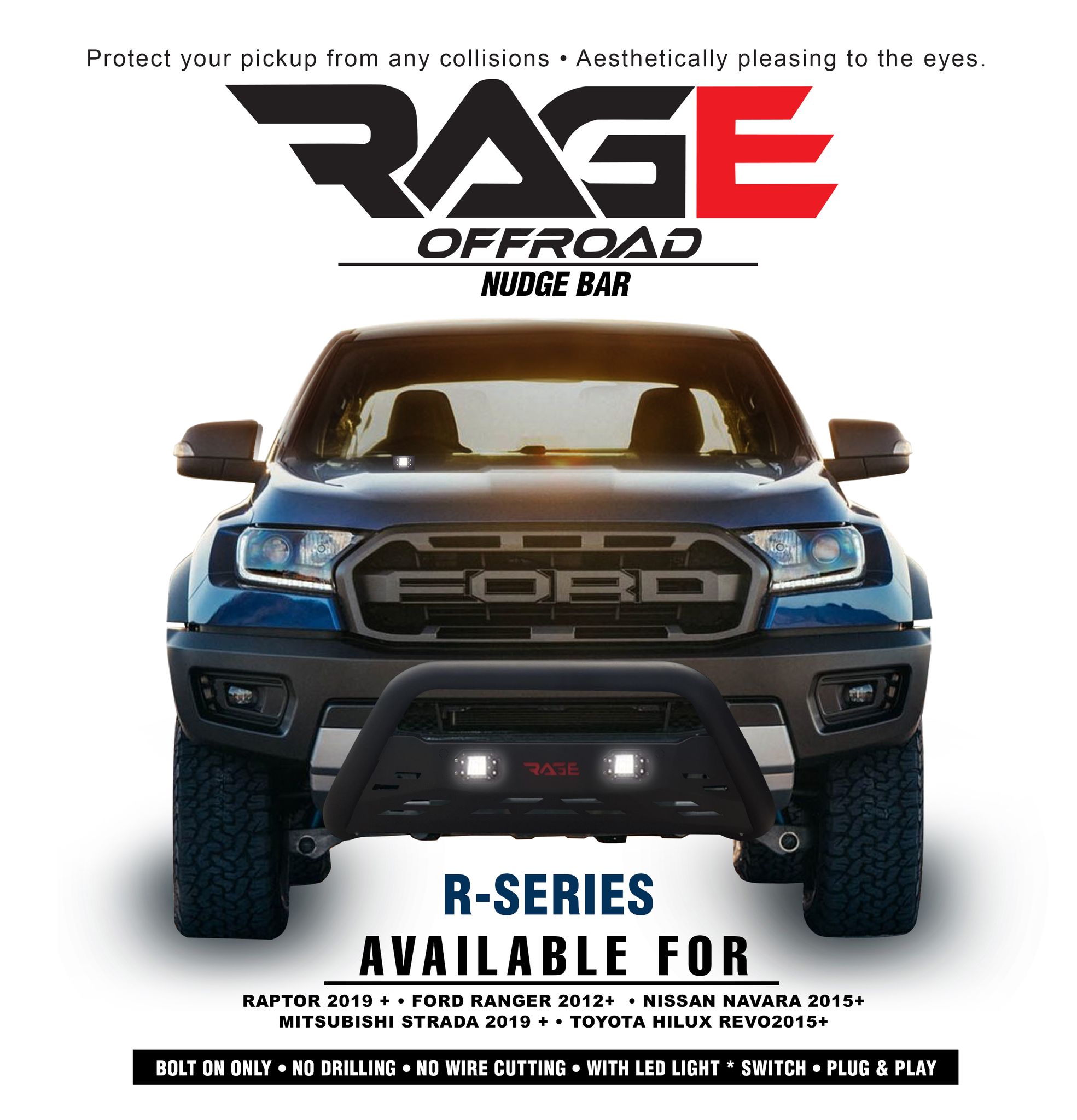RAGE OFFROAD NUDGE BAR R-SERIES RAPTOR RANGER NAVARA HILUX REVO STRADA ...