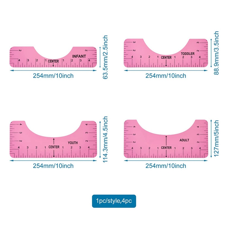 4 PCS Pink T-Shirt Ruler Guide Multifunction Alignment Ruler Tool Set ...