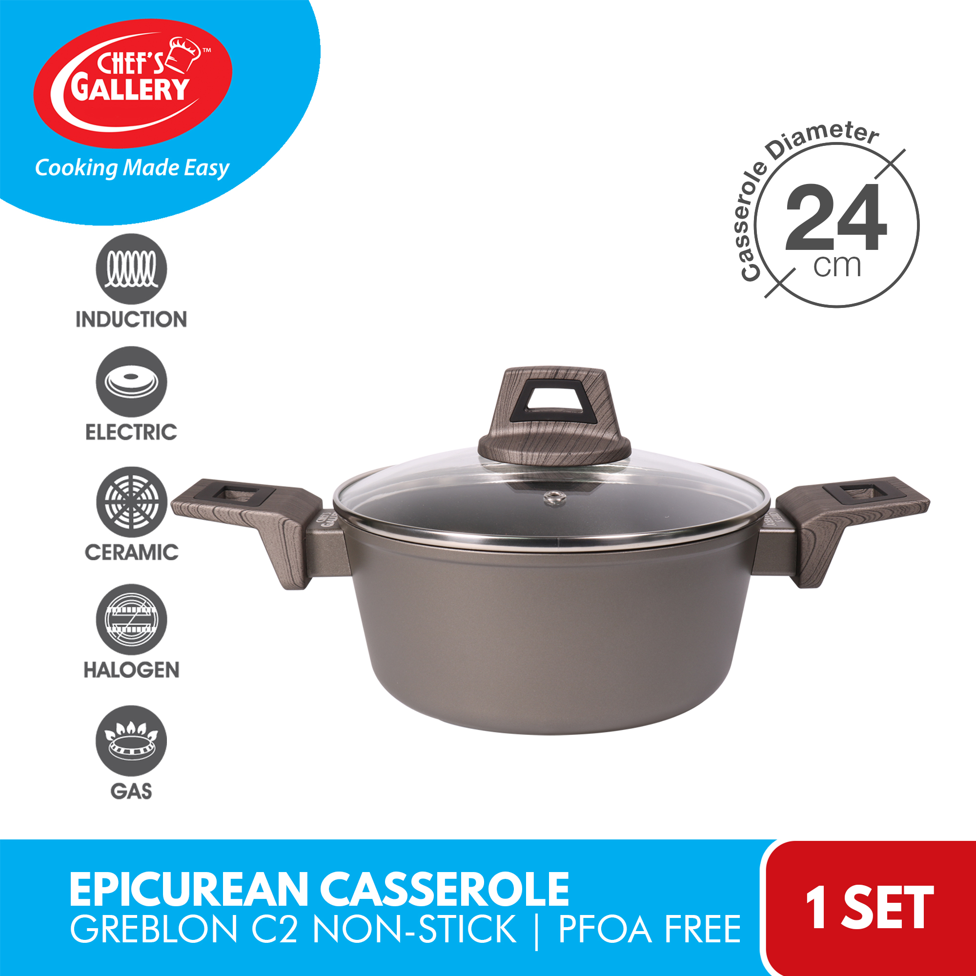 Chef's Gallery Epicurean Casserole w/ Lid 24cm | Greblon Non-Stick ...