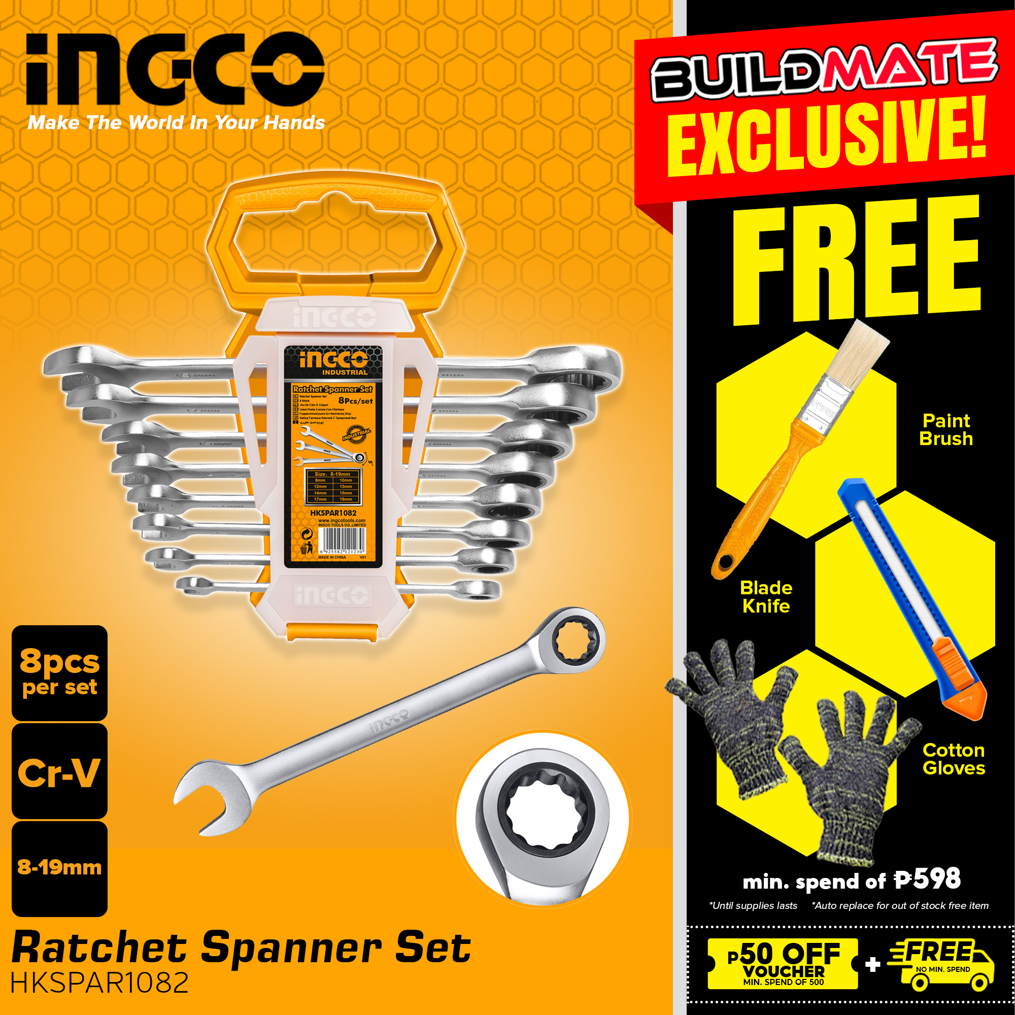 INGCO Ratchet Spanner 8pcs/SET Box Wrench HKSPAR1082 •BUILDMATE• IHT ...