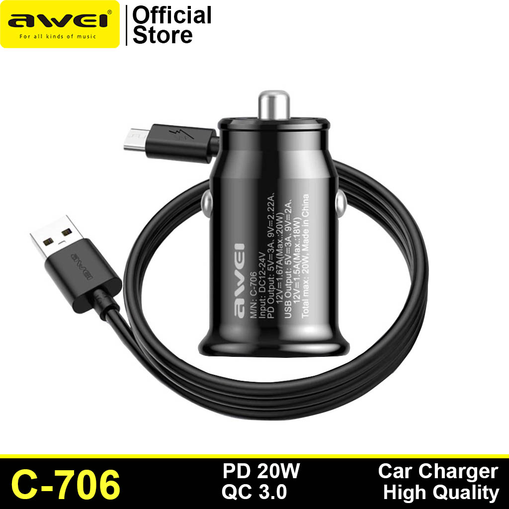 Awei C-706 Car Charger +USB Type C Data Cable Ultra Fast Charging Quick ...