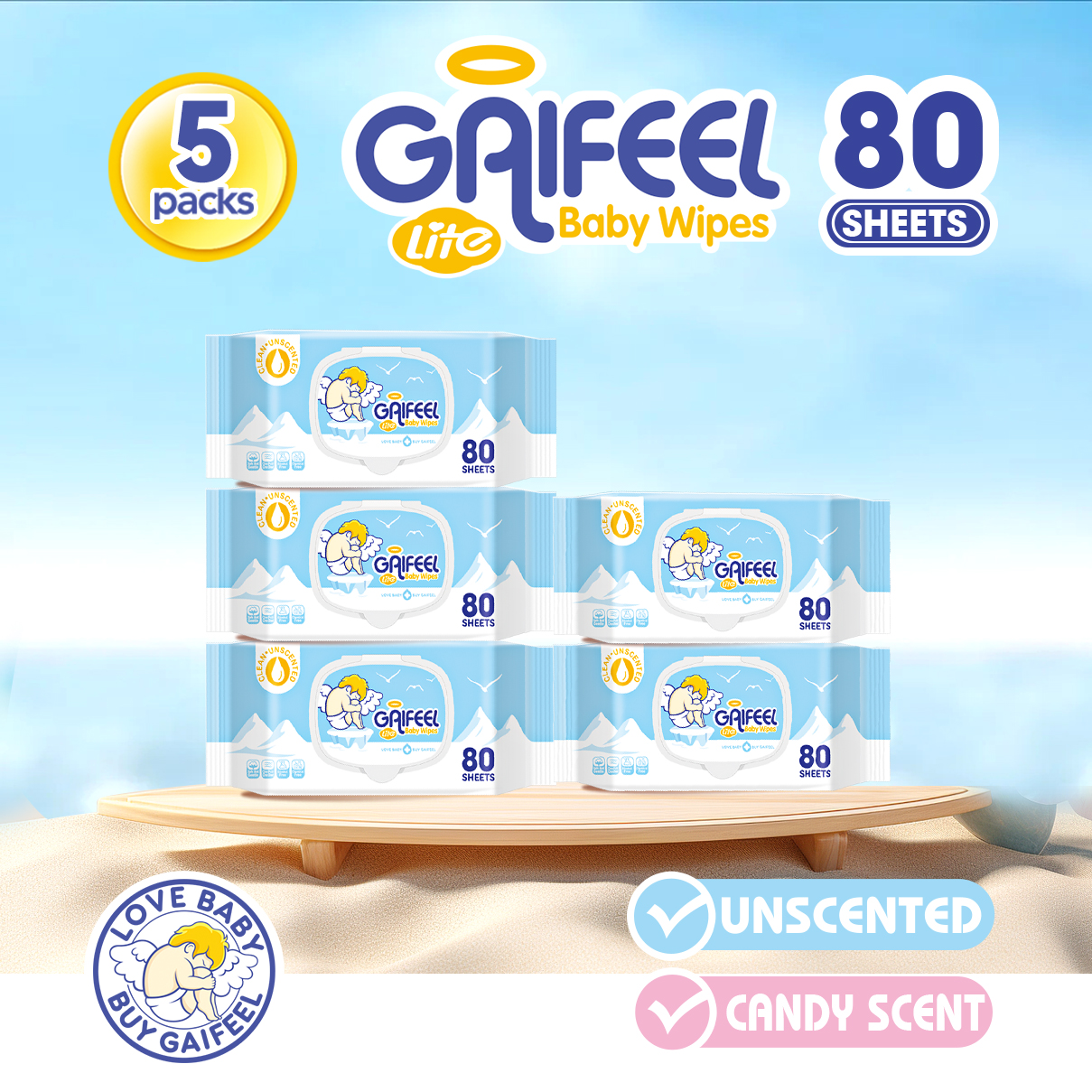 GAIFEEL LITE Baby Wipes Unscented CANDY Scent 80 SHEETS Wet Wipes for ...