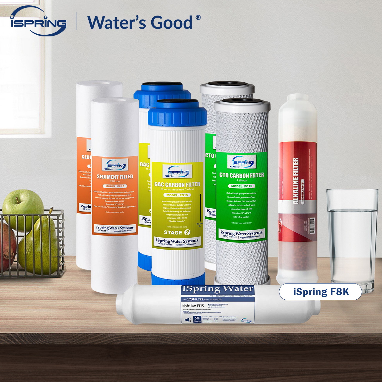 iSpring F8K Filter Replacement Cartridge Pack Set 8pcs for Alkaline ...