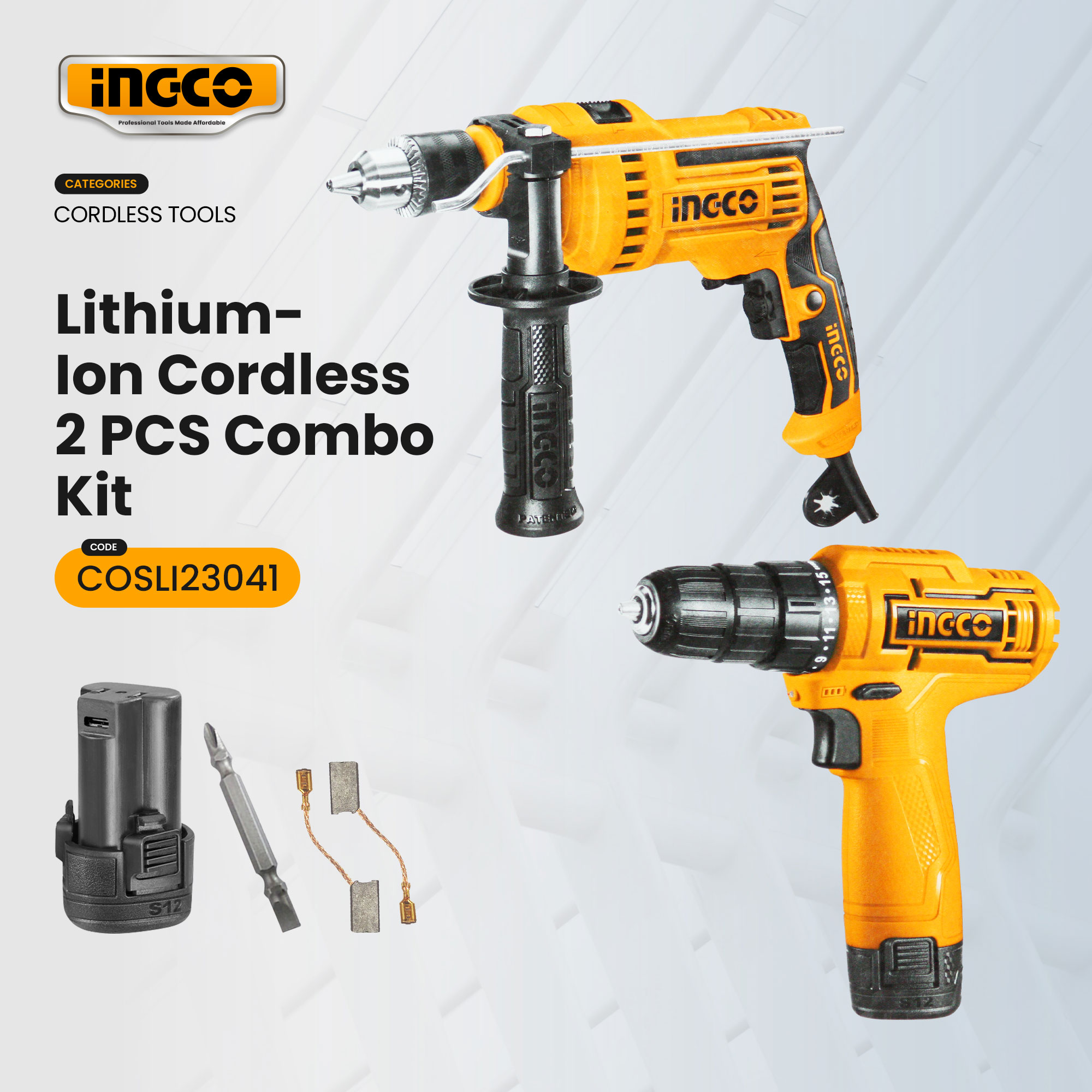 (EXCLUSIVE) Ingco 2PCS/SET Combo Kit 12V Cordless Drill and 810W ...