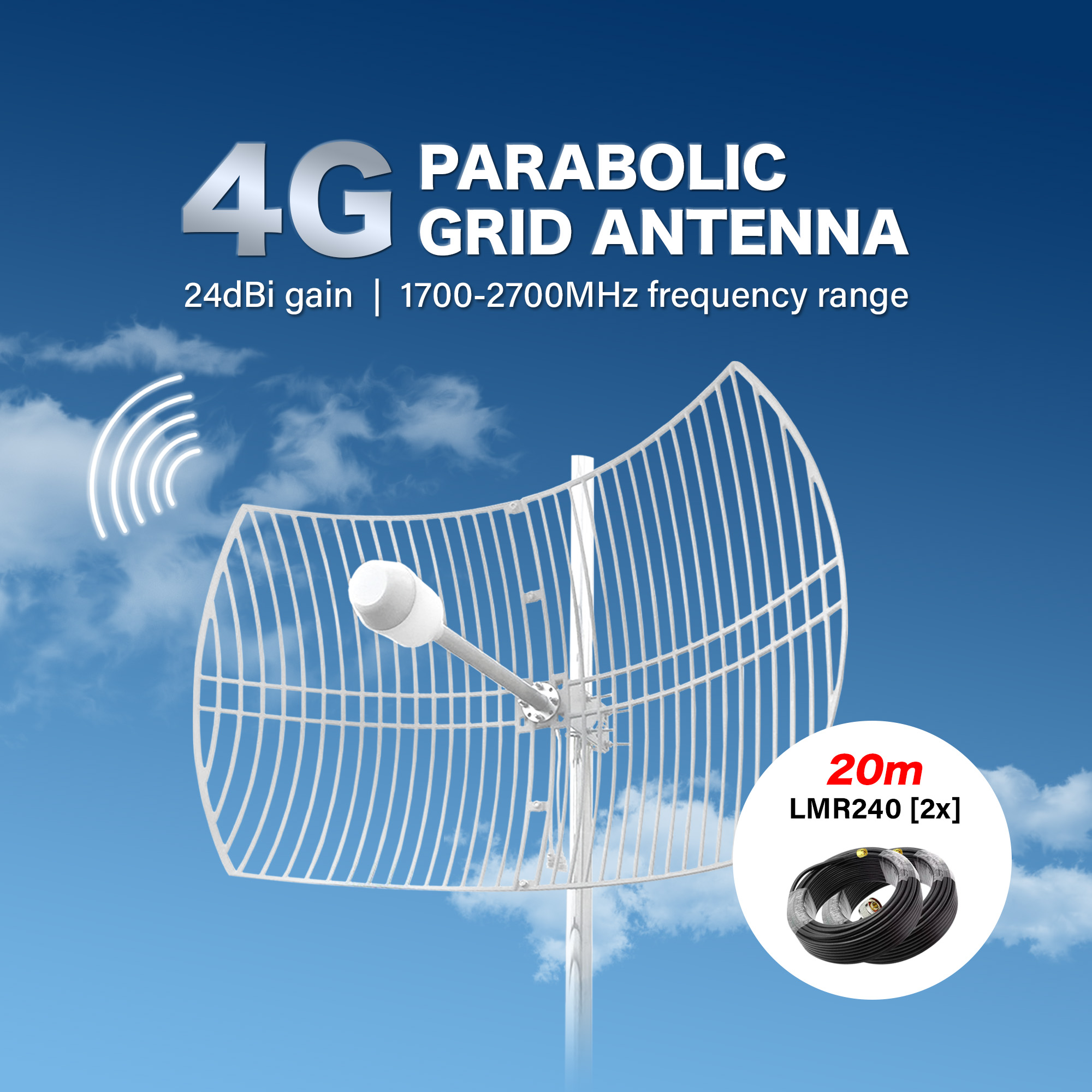 WOW 4G Parabolic Grid Antenna, 24x2dBi Gain Feeder with 2 x 20 meter ...