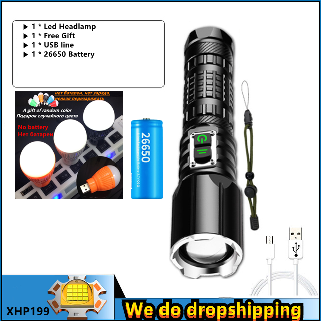 99LM XHP199 Most Powerful LED Flashlight 18650 5 Modes Zoom Torch USB ...