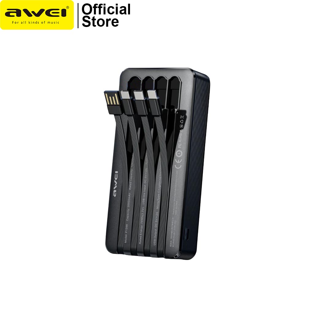 Awei P134K 20000mAh Multiple Output Powerbank with Detachable Cable LCD ...