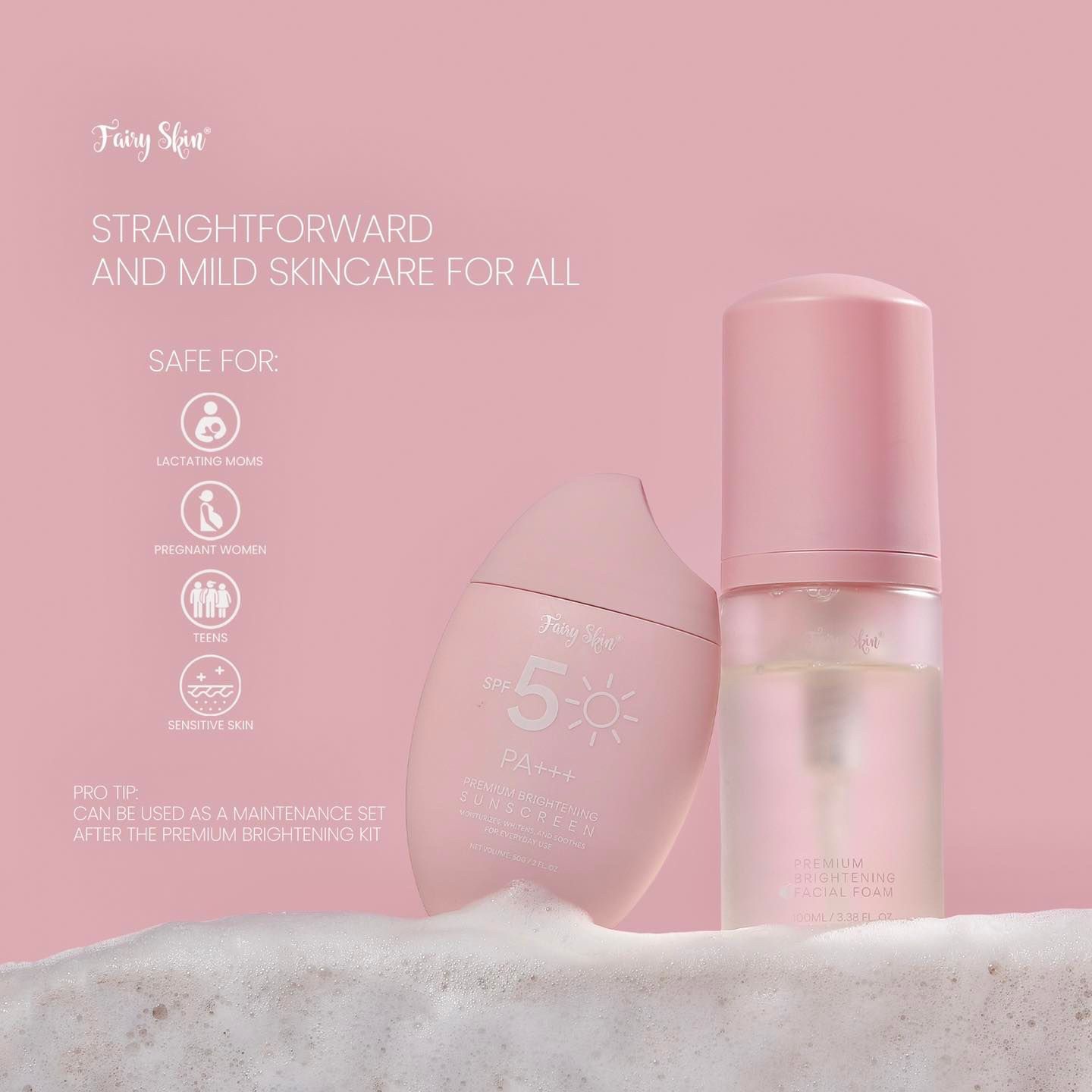 FairySkin Premium Brightening Facial Foam Wash & Sunscreen SPF50 PA ...