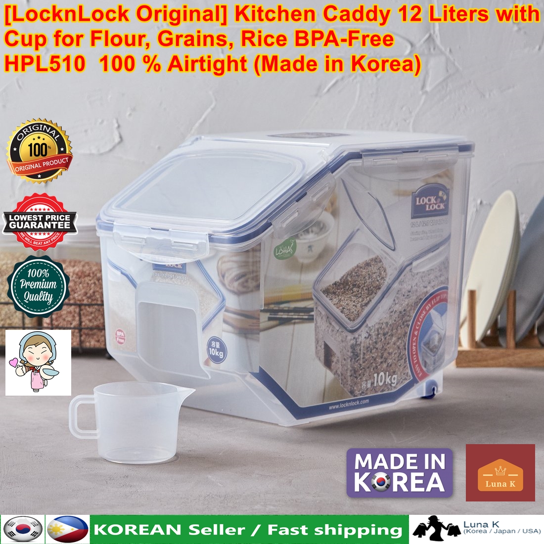 [LocknLock Original] Kitchen Caddy 12 Liters with Cup for Flour, Grains ...