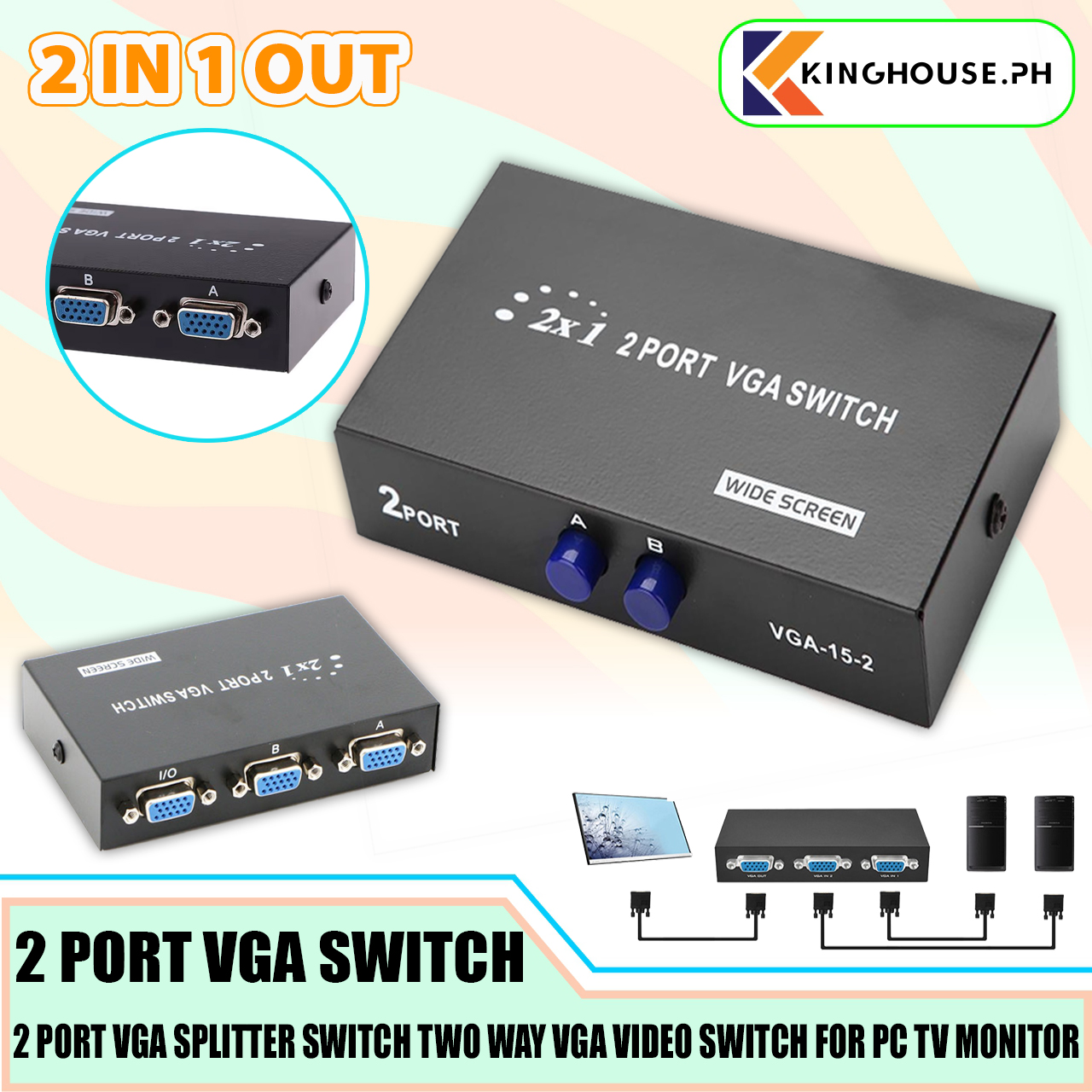VGA 2 in 1 Out 2 Port VGA Switch Press Button Two Way VGA Vedio Switch ...