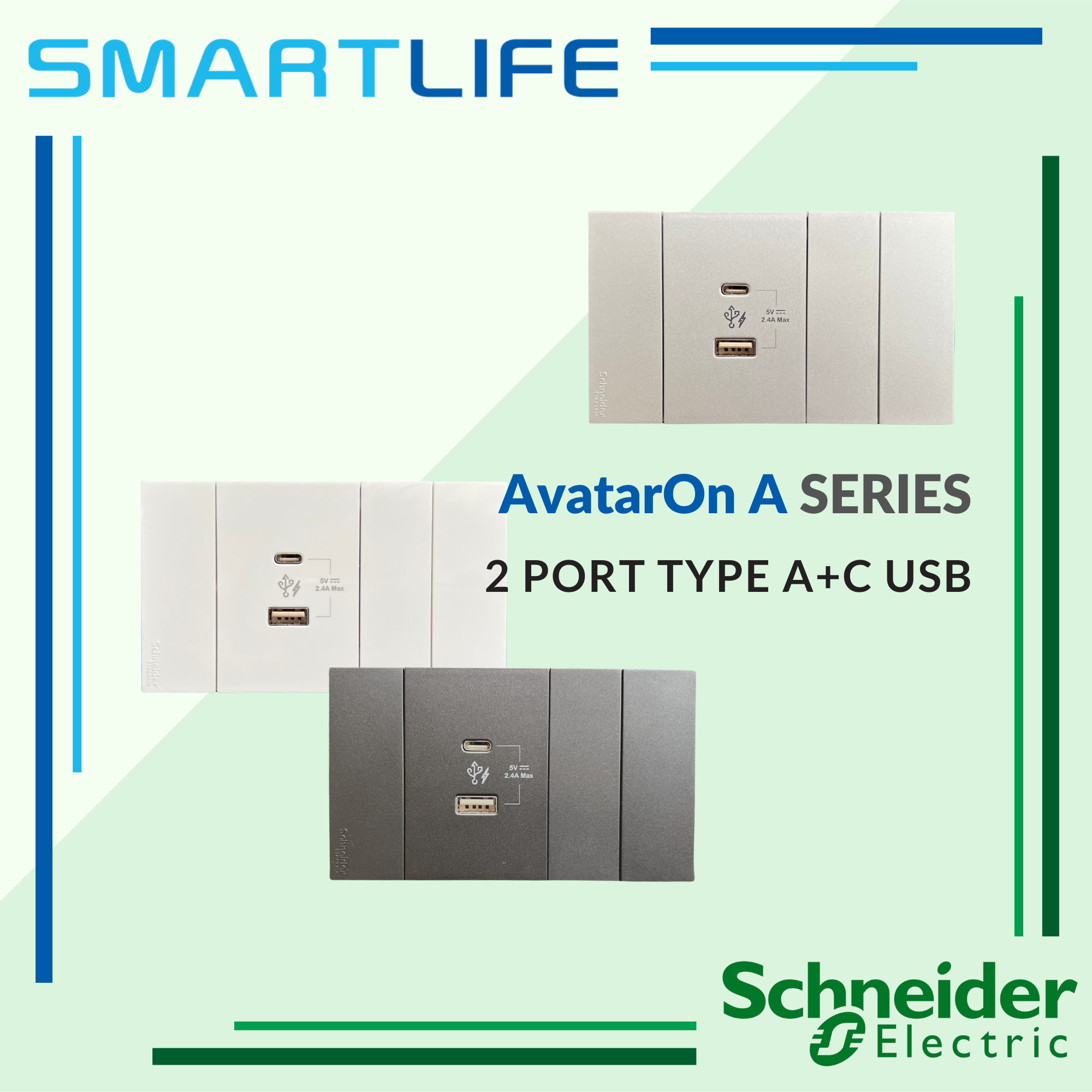 Schneider AvatarOn A 2"x4" 2 Port 2.4A Type A+C USB Socket | Lazada PH