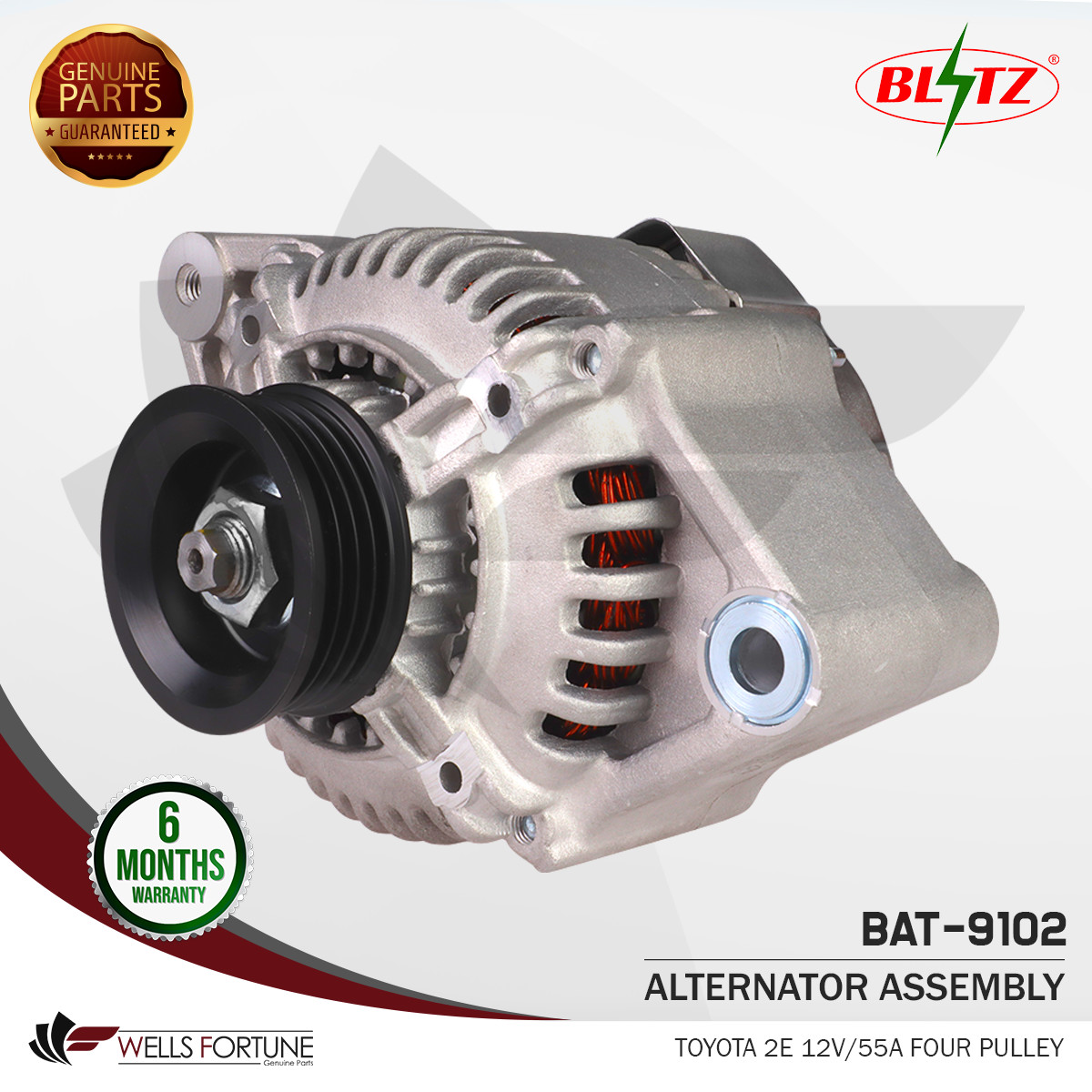 TOYOTA 2E 12V / 55A FOUR PULLEY BLITZ ALTERNATOR ASSEMBLY 6 MONTHS ...