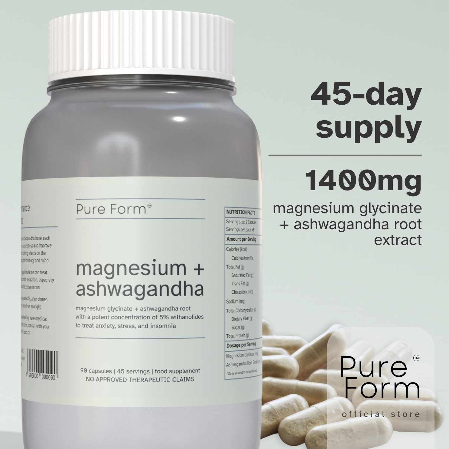 Pure Form Magnesium + Ashwagandha | 1,400mg of Magnesium Glycinate and ...