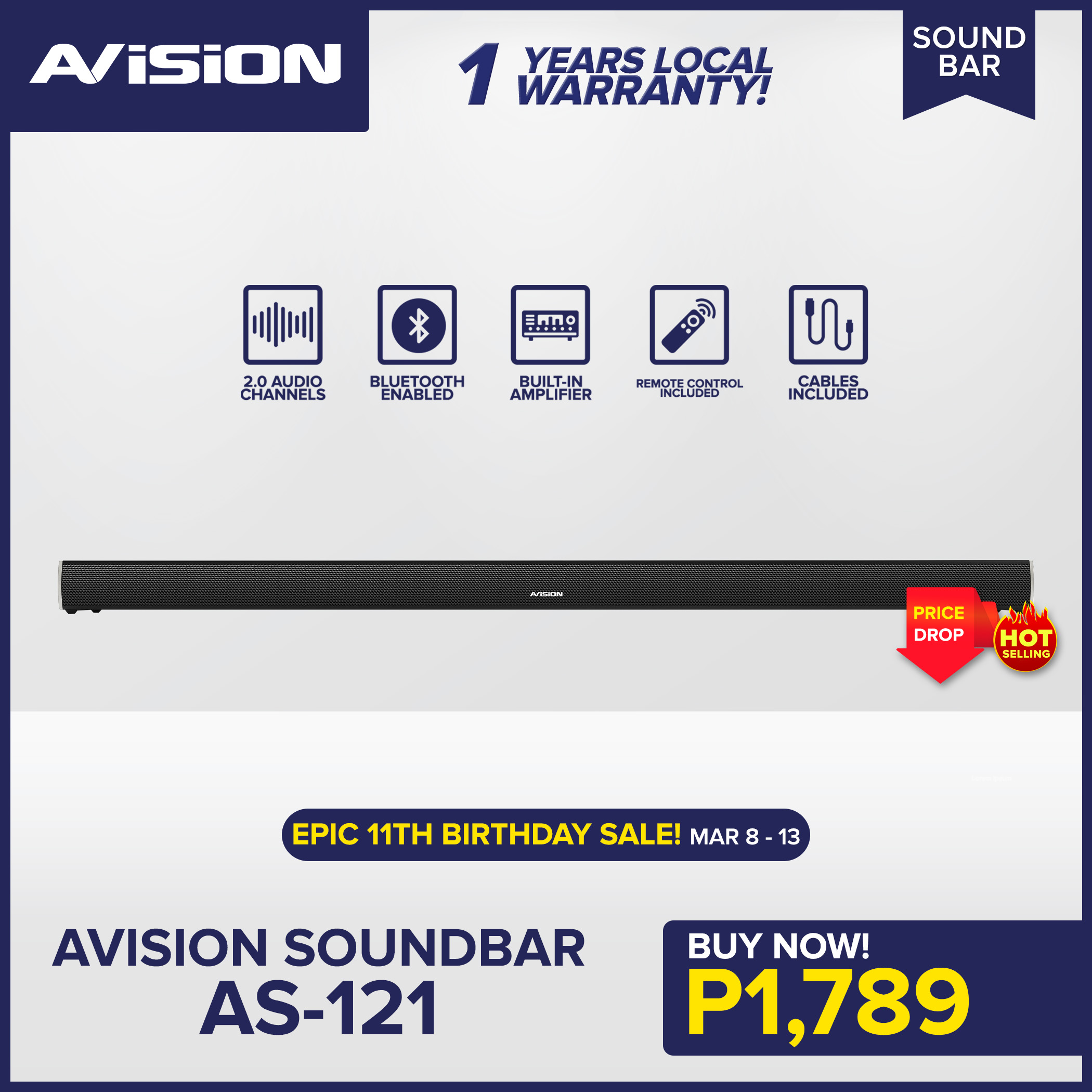 Avision 2.0 Soundbar Speaker System with Bluetooth/USB/Aux/Line-in and ...