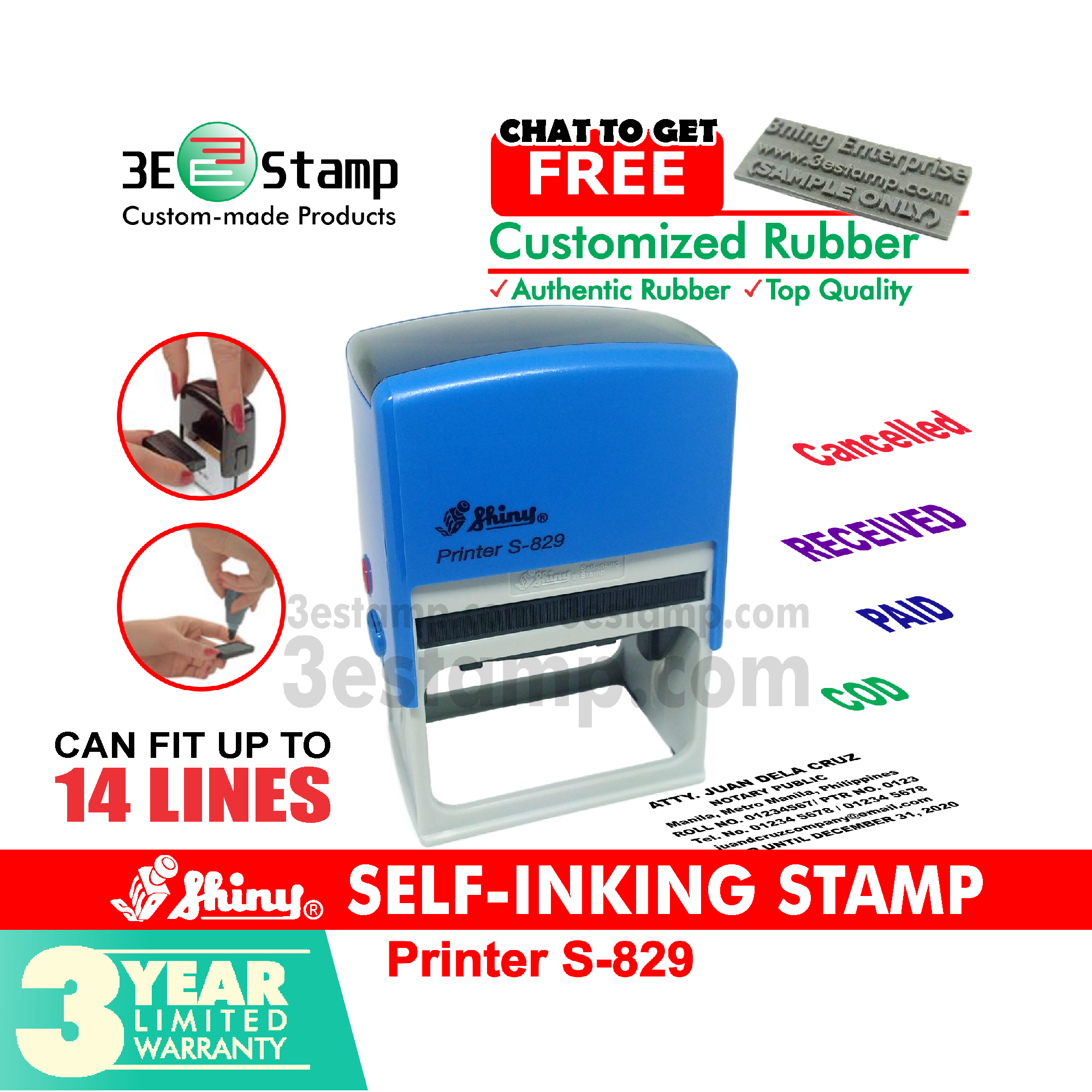 【3E Stamp】 Shiny 829 / S829 / S-829 Self inking Heavy Duty Stamp for Customized Notary Stamp ...