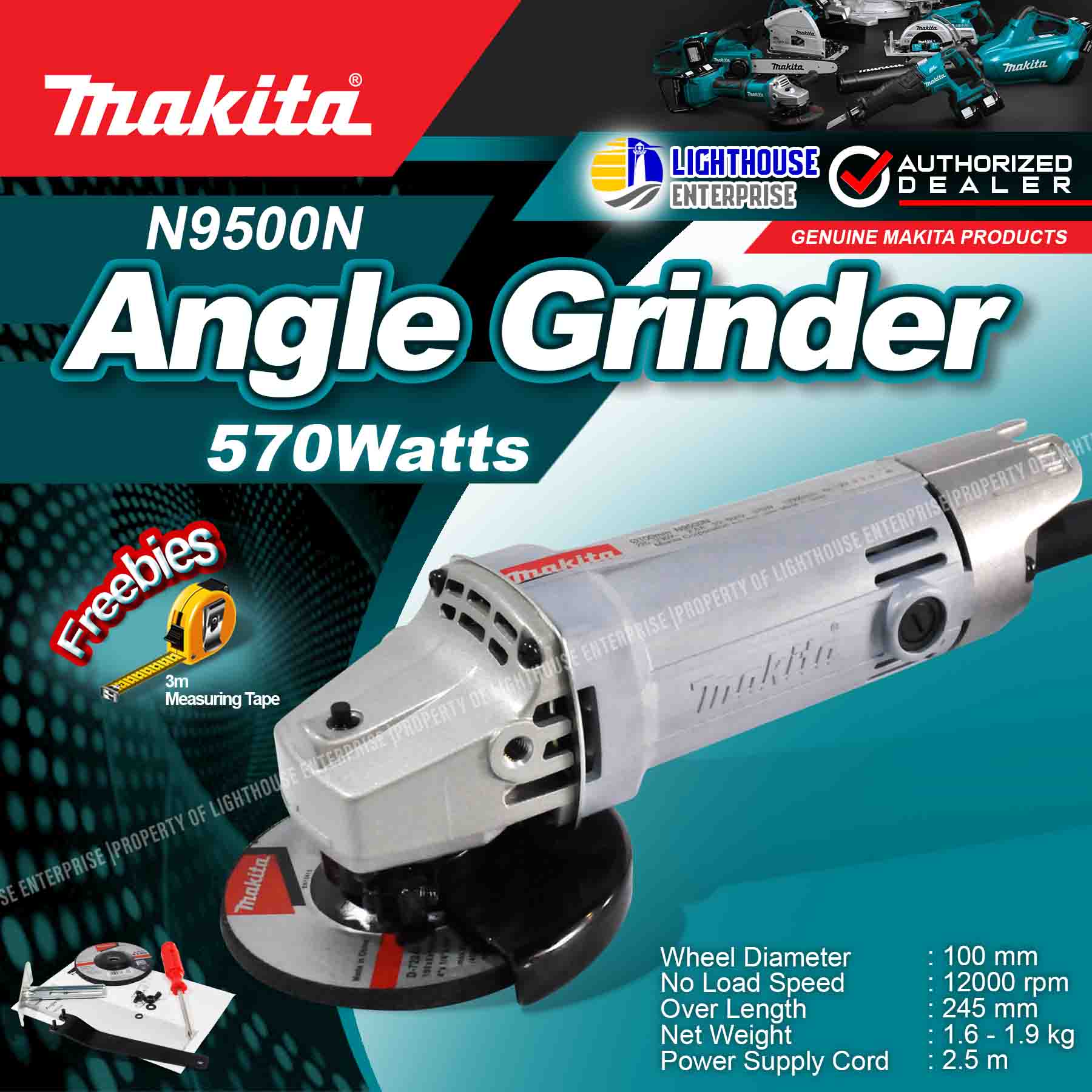 MAKITA Angle Grinder Grinding / Cutting Machine 570W 4" 100mm with 3m Measuring Tape (N9500N ...