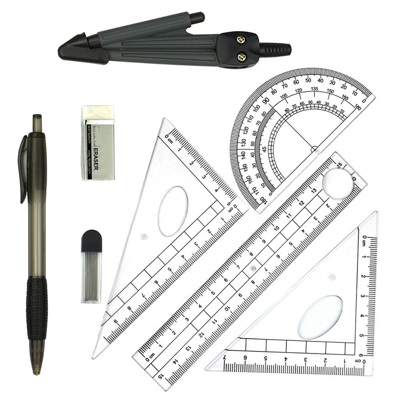 8PCS/Set Protractor Drawing Compasses Ruler Kit Triangle Ruler Eraser ...