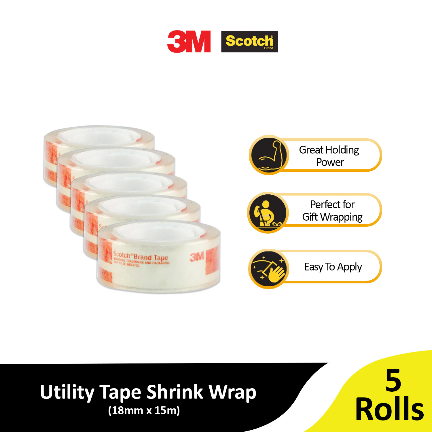 3M Scotch Utility Tape Plastic Core Shrink Wrap 18mm x 15m Pack of 5 ...